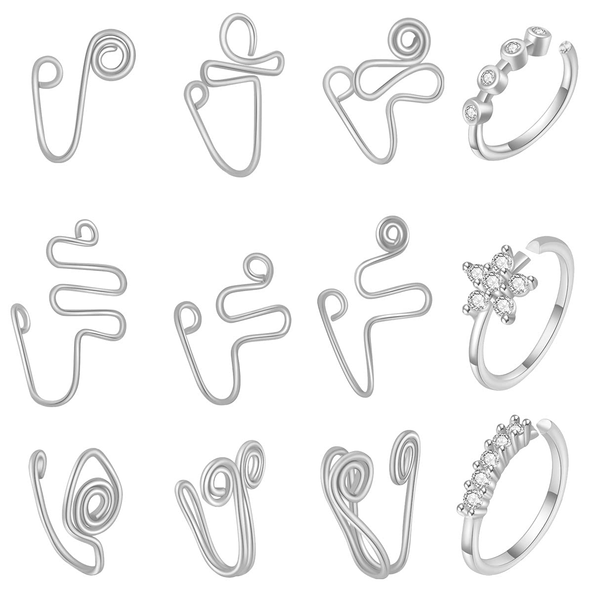 KARYOKO 12pcs Nose Cuff Non piercing Fake Nose Rings for Women African Nose Cuff Ear Cuff Clip on Nose Ring Set (Silver)