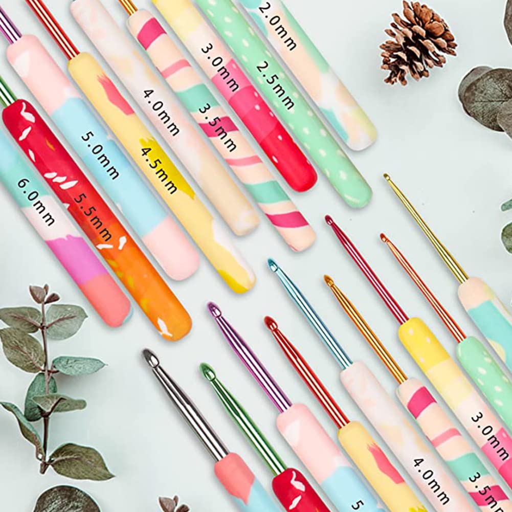 Katech 69 pcs Yarn Crochet Hooks Kit DIY Yarn Weaving Tools Ergonomic Crochet Hook Needles with 6 pcs Random Colors Yarn Balls Skeins for Crochet Lovers (Light Color)