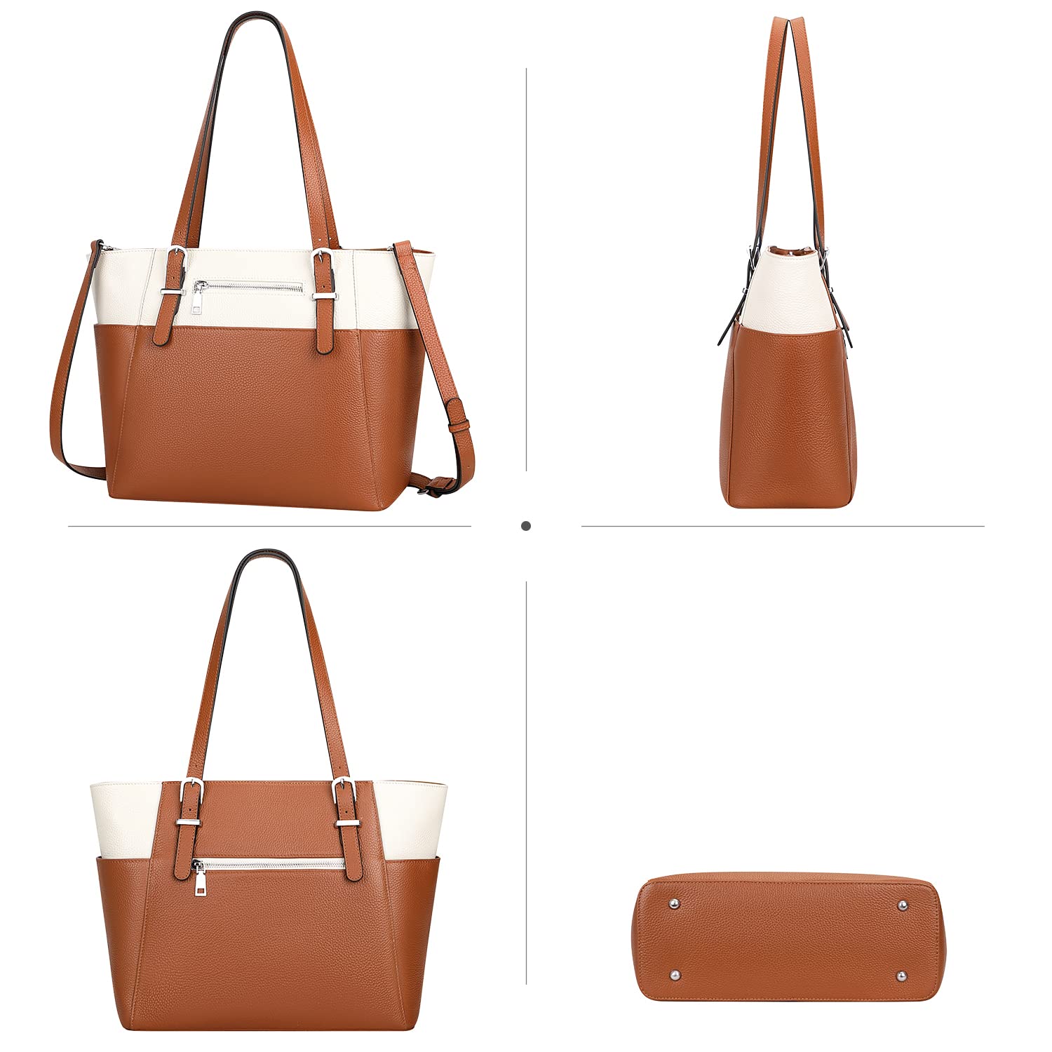 Over Earth Women Leather Handbags Genuine Leather Tote Shoulder Bag Crossbody with Multi Pockets(O105E Brown with White)