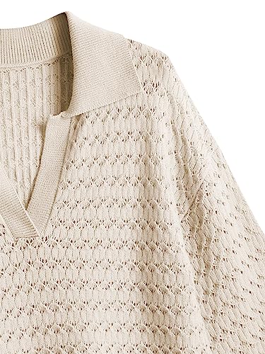 ZAFUL Women's Lapel Collar Sweater V Neck Lantern Sleeve Hollow Out Knit Polo Pullover Sweater Jumper (1-Apricot, L)