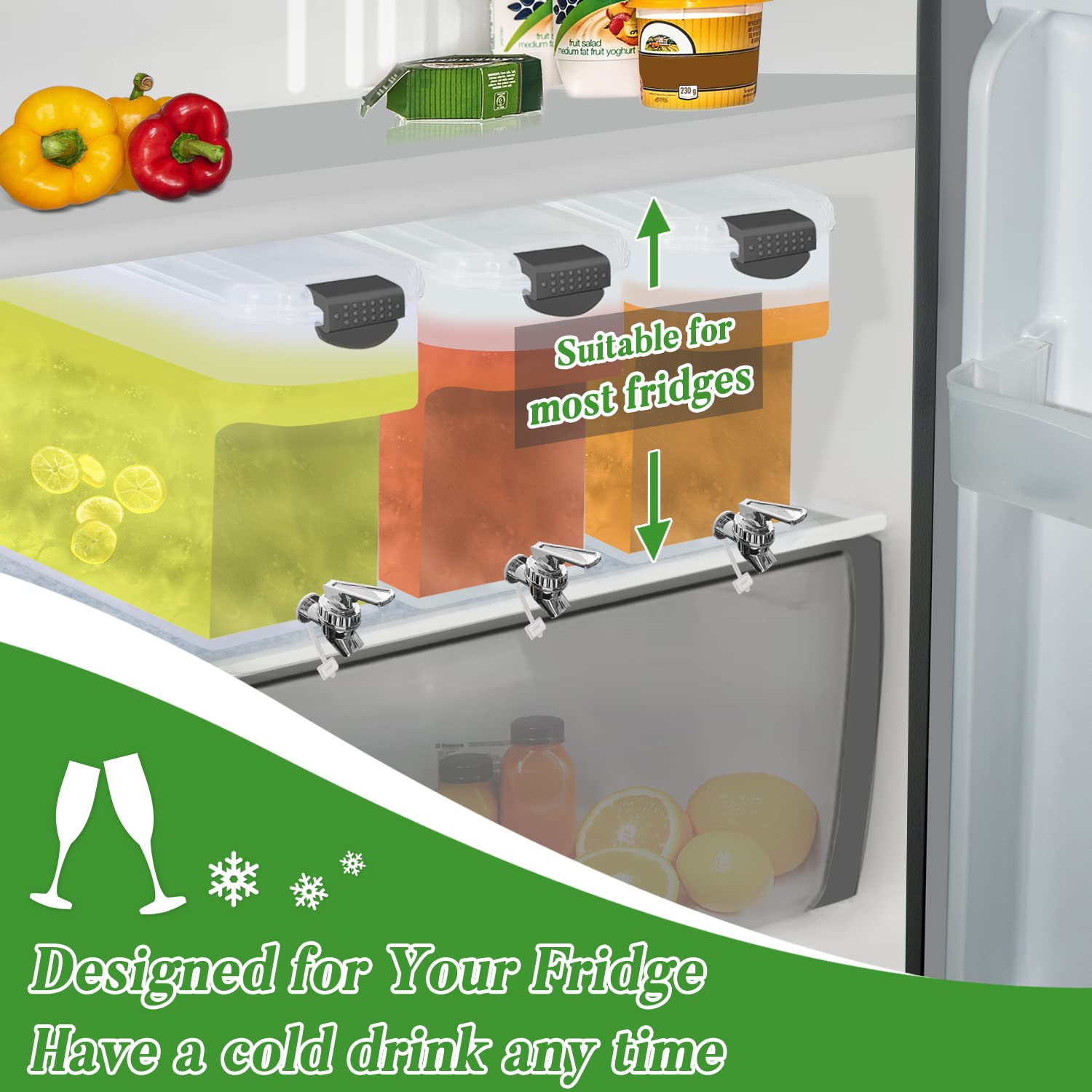 KITHOUSE Drink Dispenser For Fridge, 3.5L/0.9Gallon 3 Pack PP Plastic Beverage Dispenser Water Container with Faucet Handle 4 Cups Water Lemonade Juice Milk Dispenser