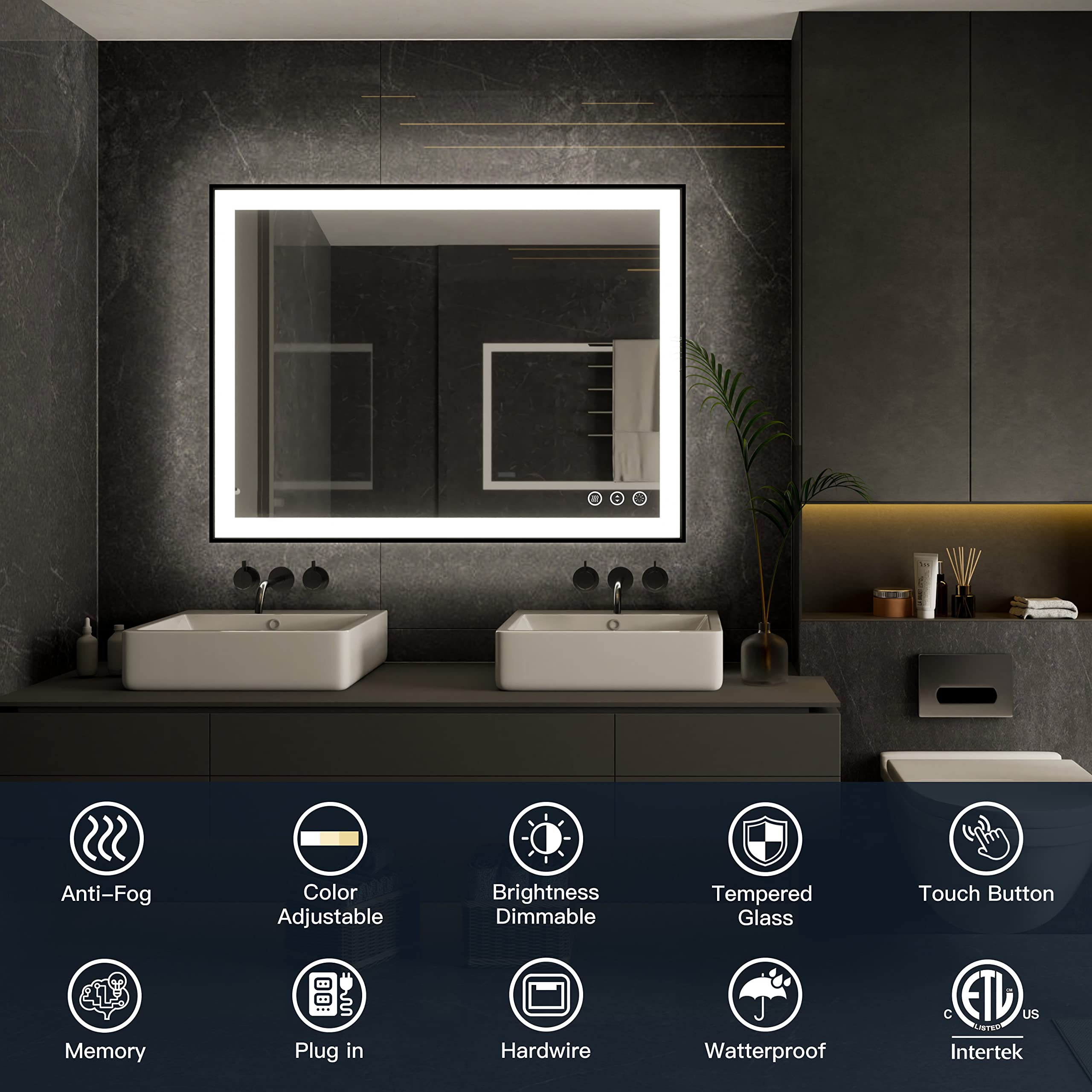 ISKM LED Mirror for Bathroom 40x24 Inch, Framed Adjustable Backlit and Front Lighted Anti-Fog Wall Mounted Mirror with Memory Function, Shatterproof and Waterproof