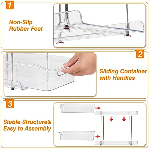 JUPELI 2 Tier Clear Bathroom Organizer with Dividers, Multi-Purpose Pull-Out Pantry Organization and Storage, Under Sink Closet Organizers and Storage, Vanity Skincare Cosmetic Organizer Medicine Bins