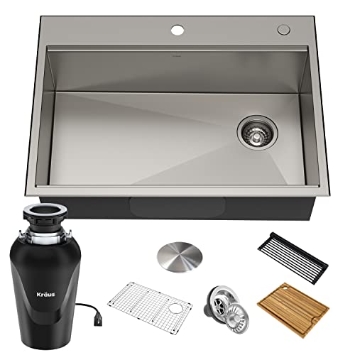 KRAUS Kore⢠Workstation 30-inch Drop-In 16 Gauge Single Bowl Stainless Steel Kitchen Sink with Accessories (Pack of 5) with WasteGuard⢠Continuous Feed Garbage Disposal, KWT310-30-100-75MB
