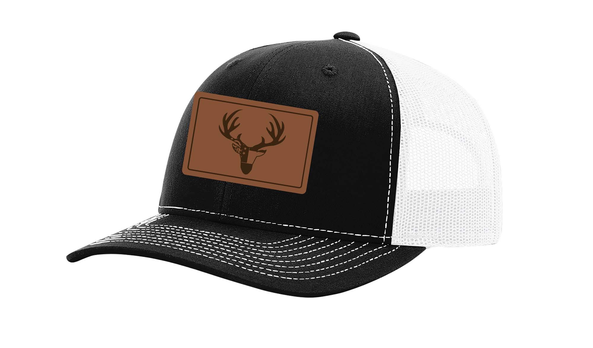 It's All About the South Deer Antlers Georgia Flag Laser Engraved Leather Patch Trucker Hat, Black/White