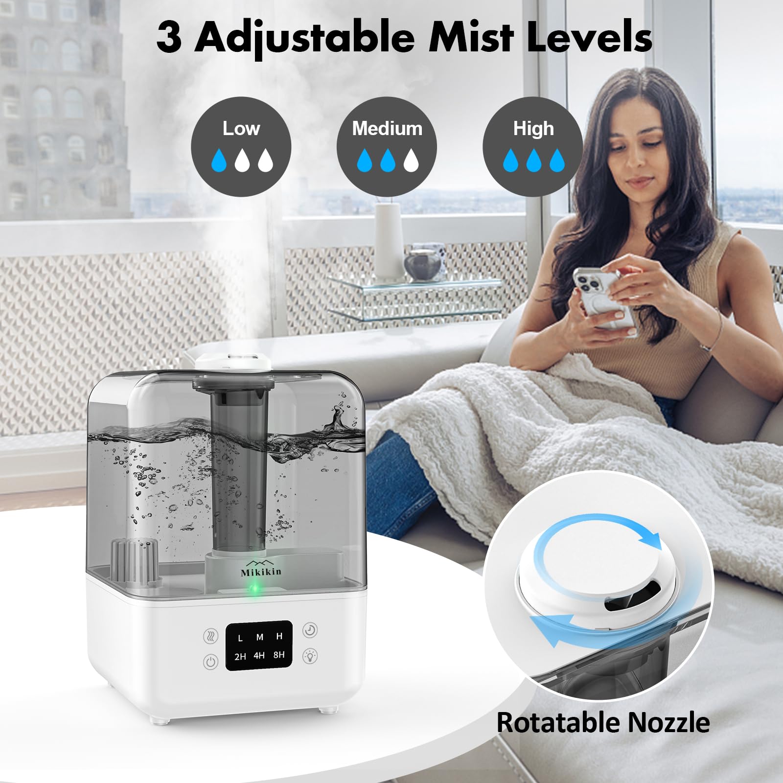 Humidifiers for Bedroom, Cool Mist Humidifiers for Large Room Home Baby, 5L Top Fill Ultrasonic Air Humidifier Quiet for Plants with Remote Control, Essential Oil Diffuser, Rotatable Nozzle - White