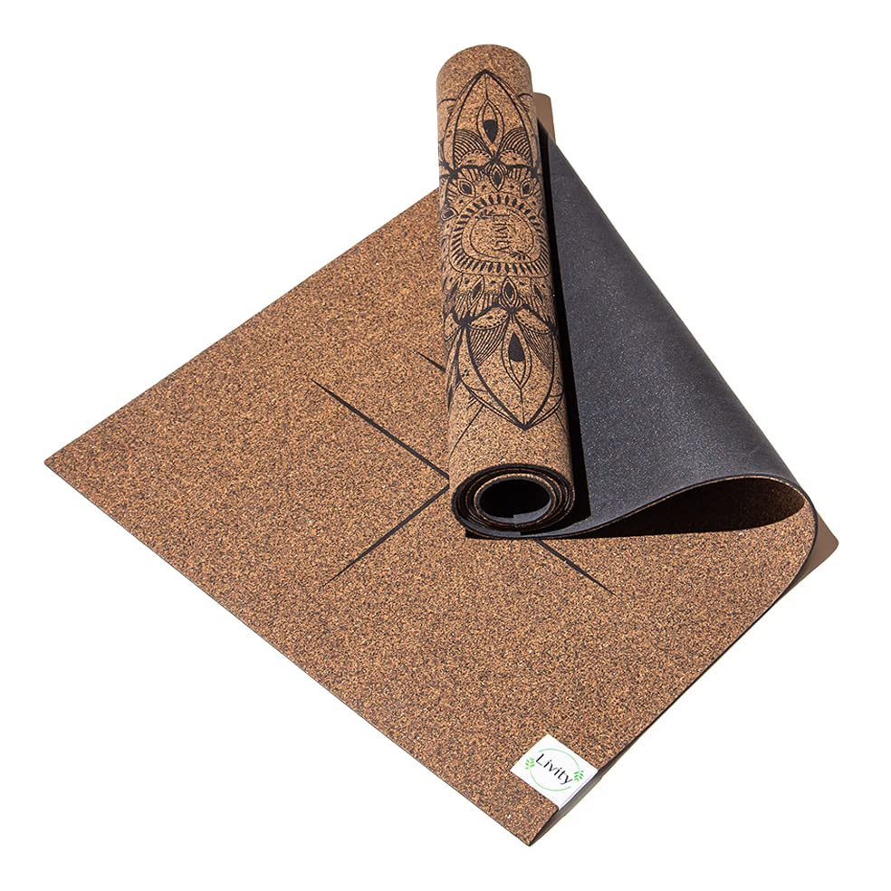 Livity Yoga - Mandala Cork Yoga Mat, Durable & Non-Slip Workout Mat, Cork Exercise Mat with Beautiful Mandala Design & Alignment Points, 74 x 24 x 0.2 inches
