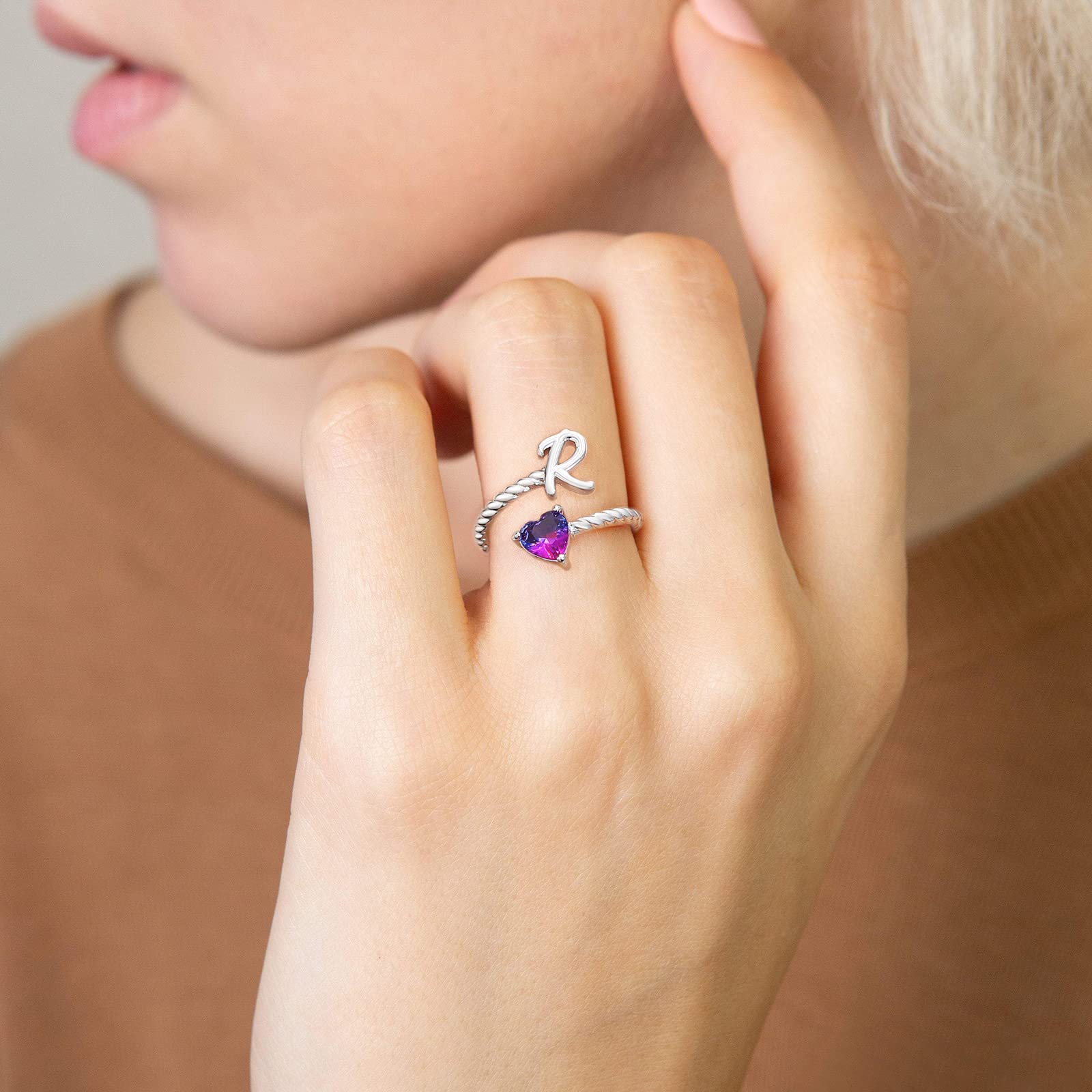 KRKC Adjustable Initial Ring, White Gold Plated Statement Rings with Tourmaline Gemstone, Personalized Letter Stacking Ring Alphabet A to Z for Women