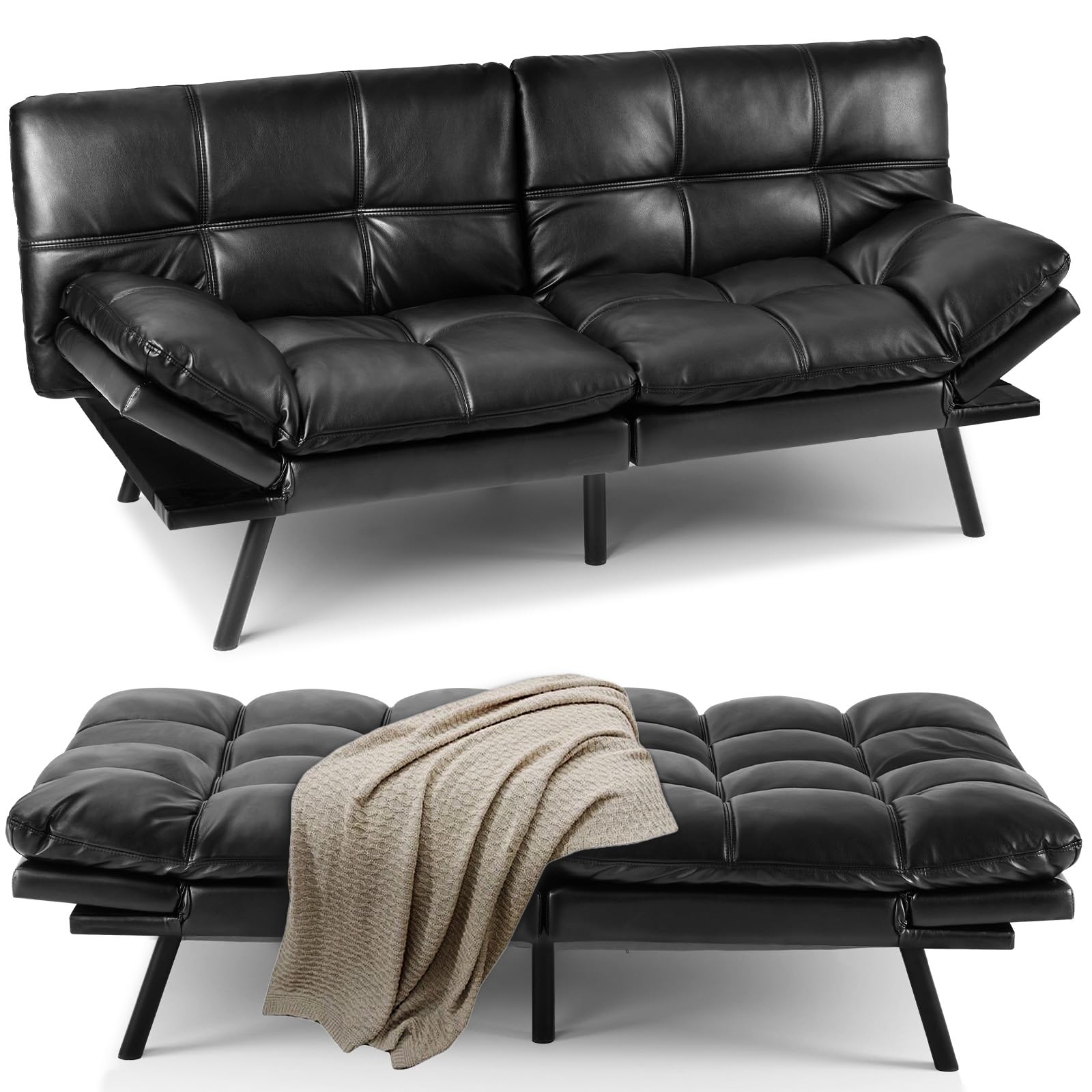 OLIXIS Faux Leather Futon Sofa Bed Couch,Convertible Sofa Bed,Memory Foam Loveseat Sofa,Small Splitback Sofa Sleeper for Office,Living Room,Black