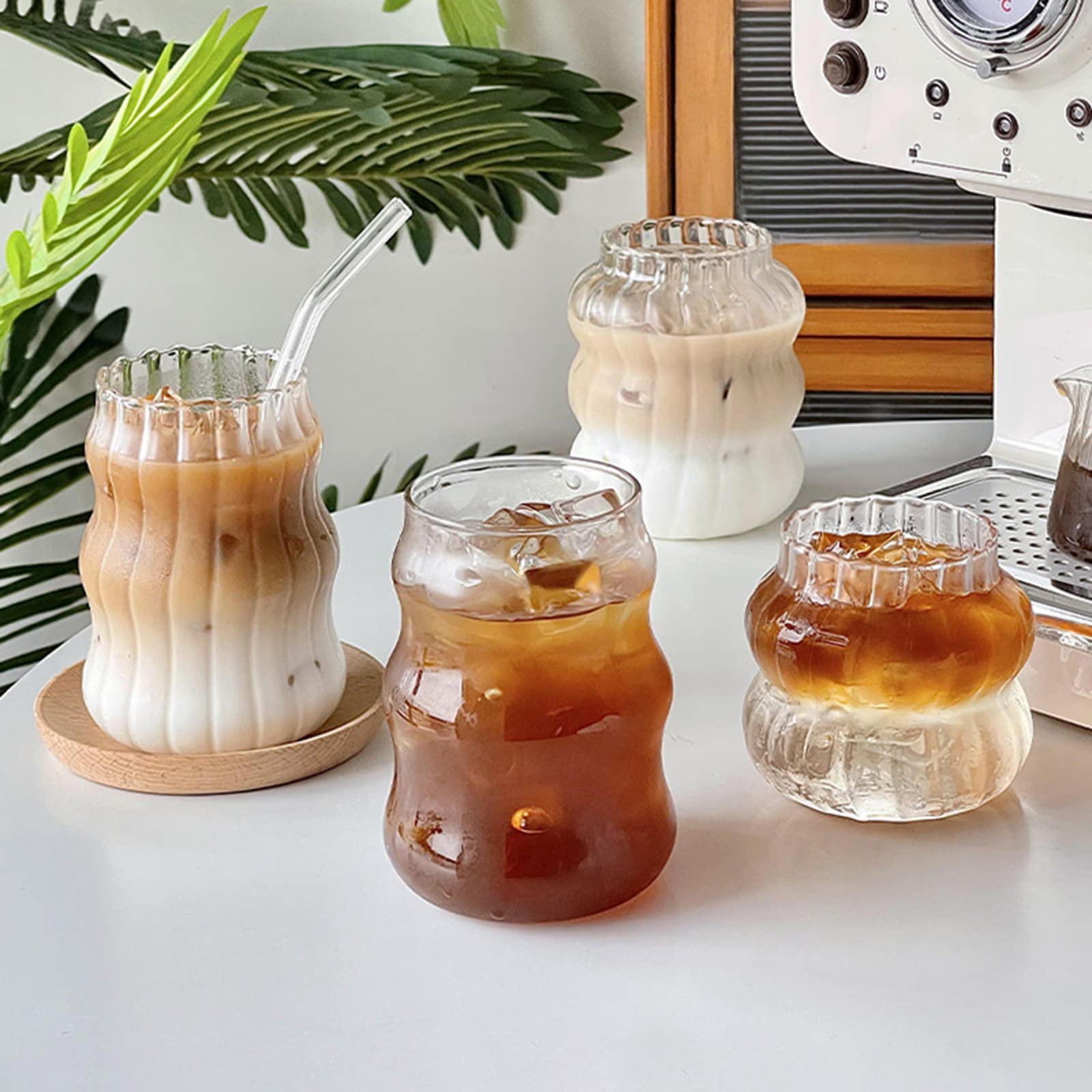 Maritown Ribbed Glassware Drinking Glasses with Straws, 18oz Ripple Glass Cups, Iced Coffee Glasses, Wave Shape Beverage Glasses, Cute Tumbler Cup for Cocktail Whiskey Beer Tea Smoothie Juice
