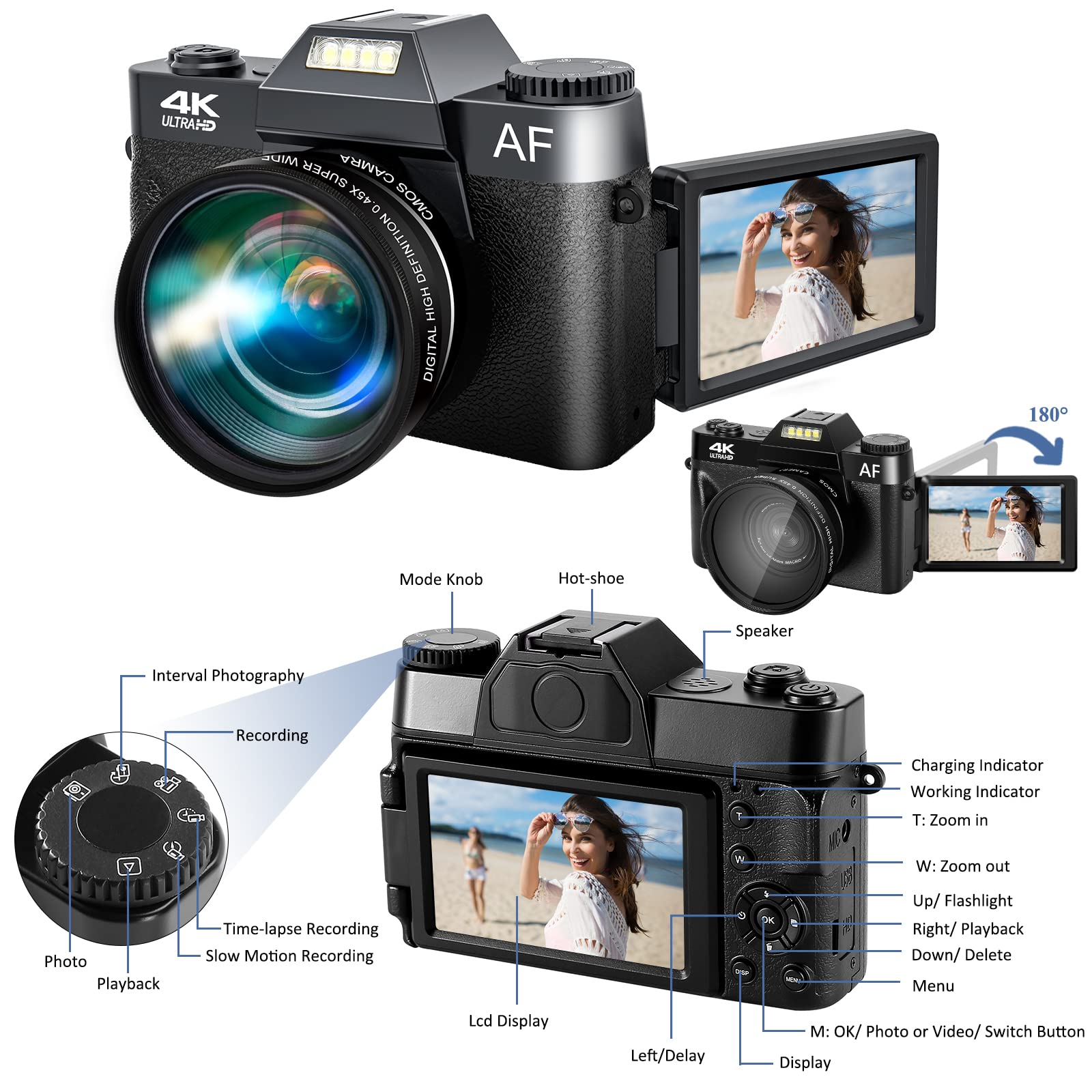 KOKITS 4K Vlogging Camera for YouTube, 48MP Digital Photography with 3''Flip Screen, 16x Zoom and Video Autofocus Anti-Shake, Wide Angle Lens, Macro 2 Batteries, 32GB Micro SD Card, Black (G10)