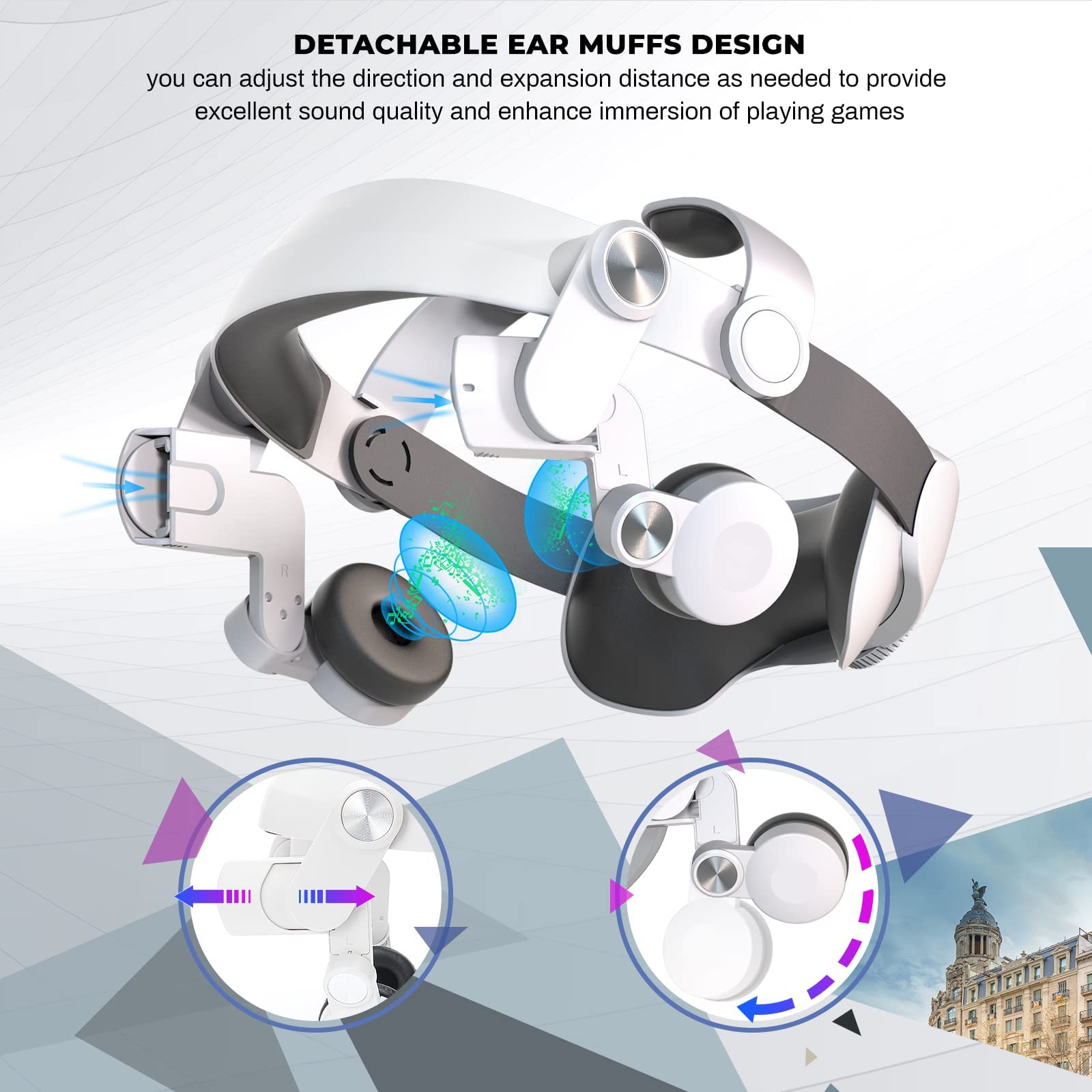 KRX Design Halo Head Strap for Oculus/Meta Quest 2, Adjustable Strap and Ear Muffs Accessories for Oculus Quest 2, Enhanced Support & Gaming Immersion, Reduce Pressure in VR Headset