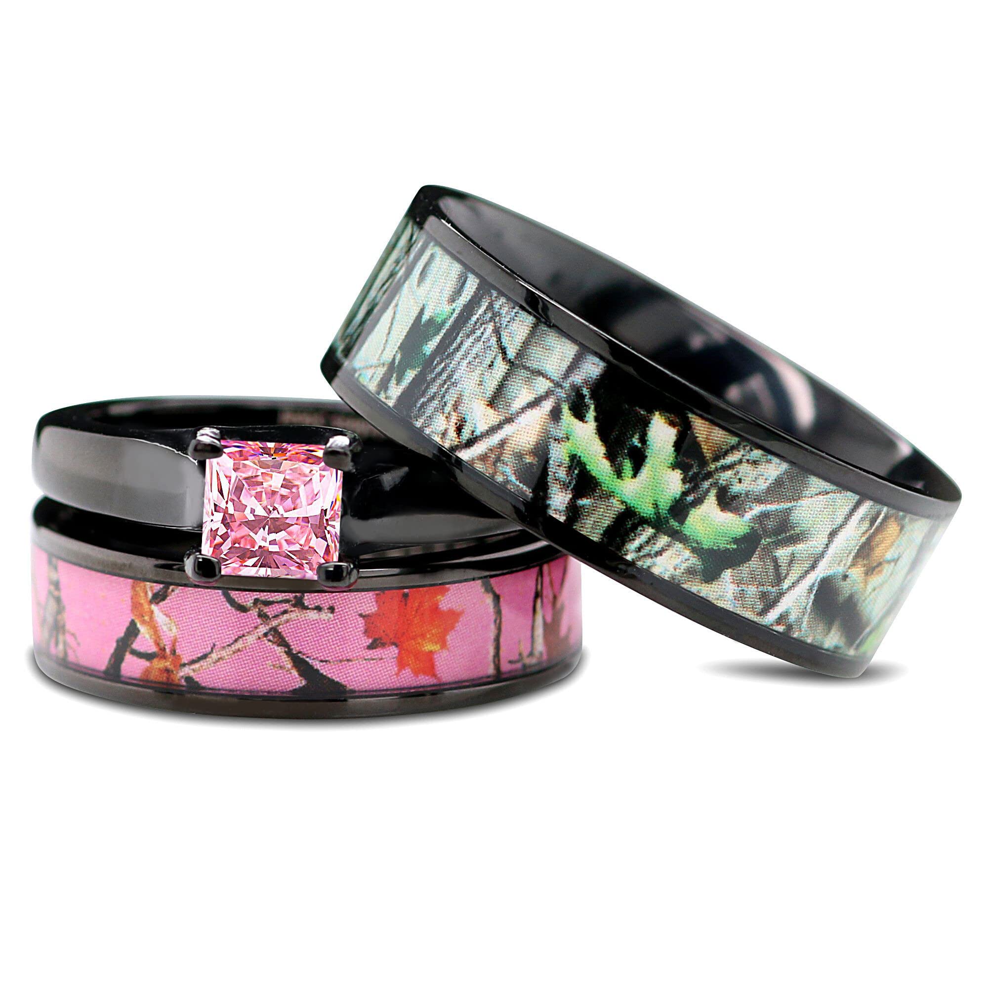 His & Hers Pink Women`s & Men`s Black Titanium Camo and Stainless Steel Princess Engagement Wedding Rings Set (Size His 12, Hers 07)