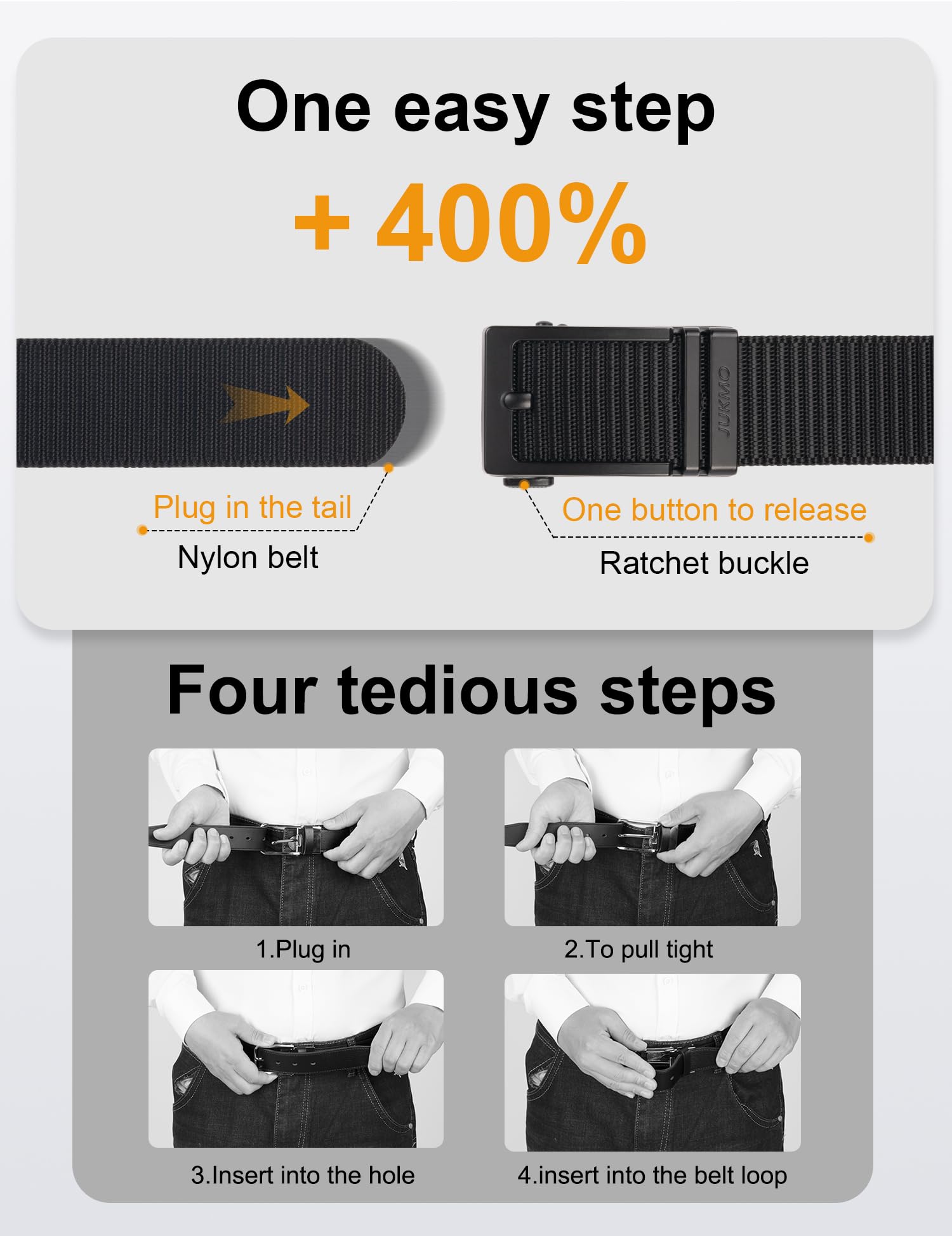 JUKMO Ratchet Belt for Men, Nylon Web Tactical Belt with Automatic Slide Buckle (Black, Medium)