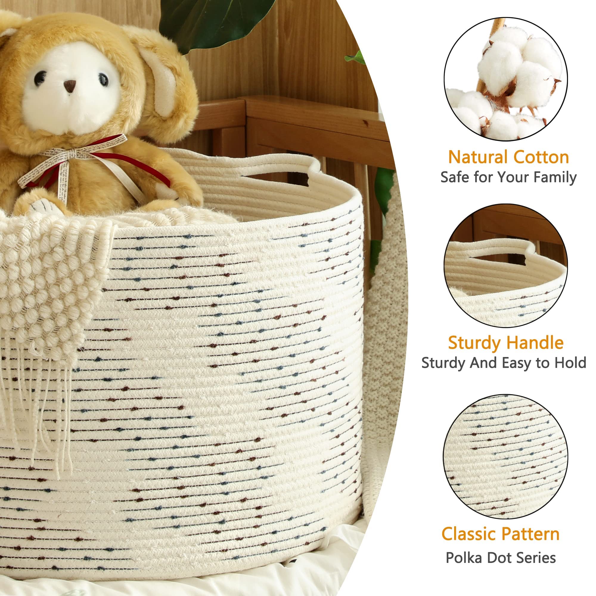 KAKAMAY Large Cotton Rope Blanket Basket (18"x16"),Woven Baby Laundry Hamper,Blanket Basket for Nursery, Laundry, Living Room, Pillows, Toys with Leather Handles (White)
