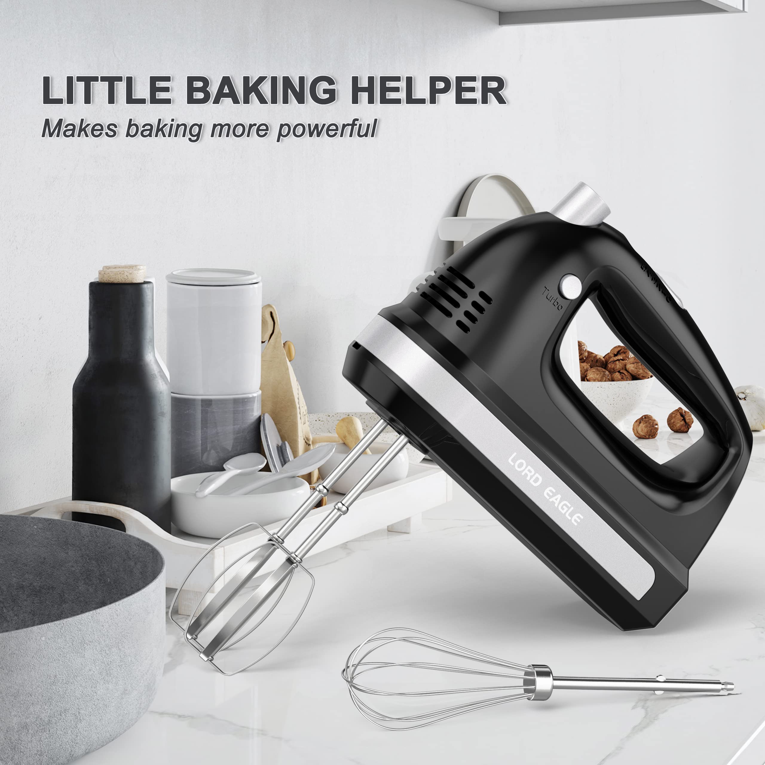 Lord Eagle Electric Hand Mixer Mini, 300W Power Handheld Mixer Kitchen for 5-Speed Baking Cake Egg Cream Food Beaters Whisk, with Snap-On Storage Case, Black
