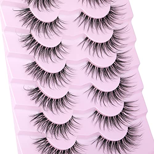 Lashes Natural Look False Eyelashes Wispy Fluffy Lashes Mink Long Curly Fake Eyelashes Cat Eye Lashes with Clear Band 7 Pairs Pack by GVEFETIEE