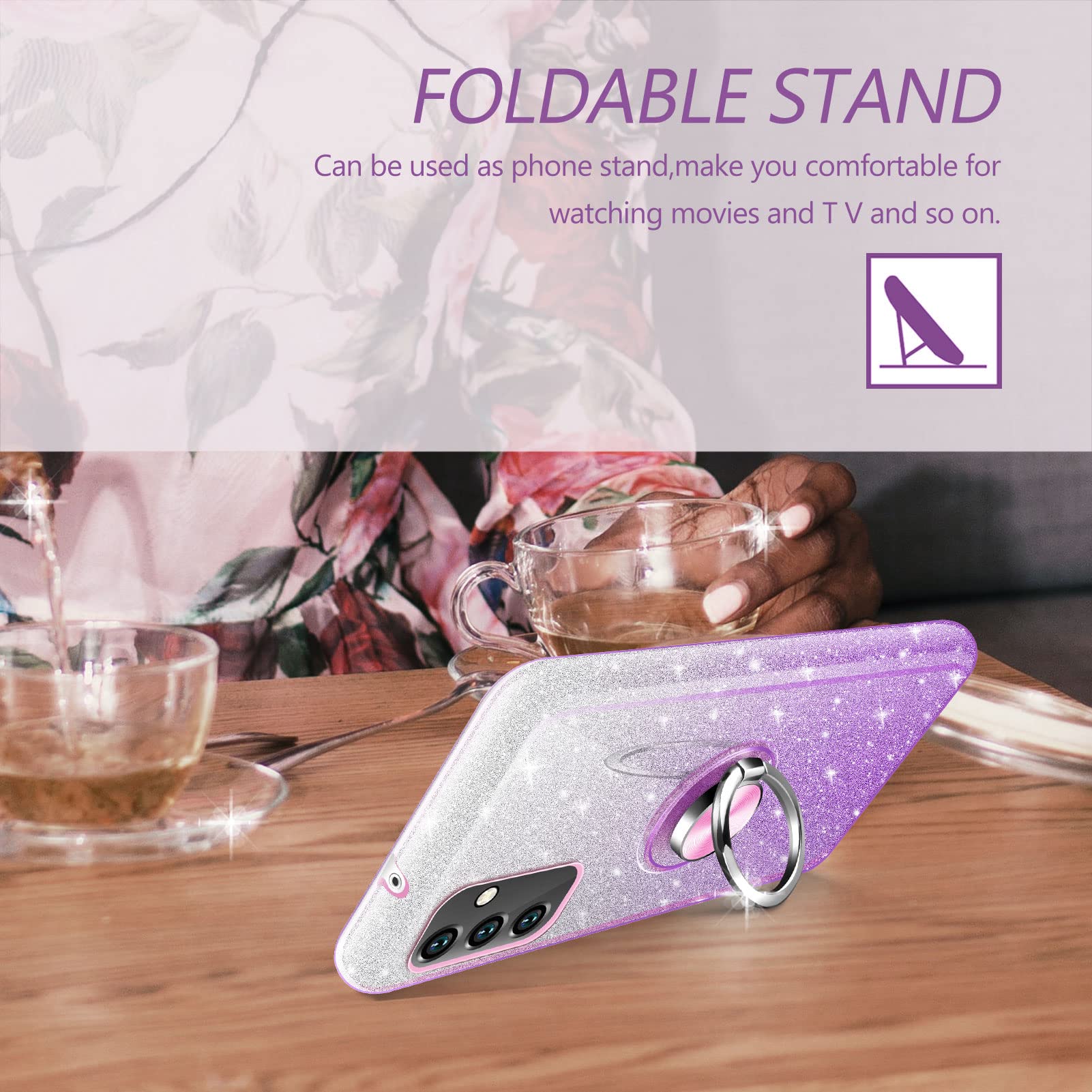 KSWOUS for Galaxy A13 5G Case with Screen Protector [2 Pack], Glitter Sparkly Bling Protective Cover with Kickstand for Women Girls Slim Shockproof Case for Samsung A13 Phone Case (Purple)