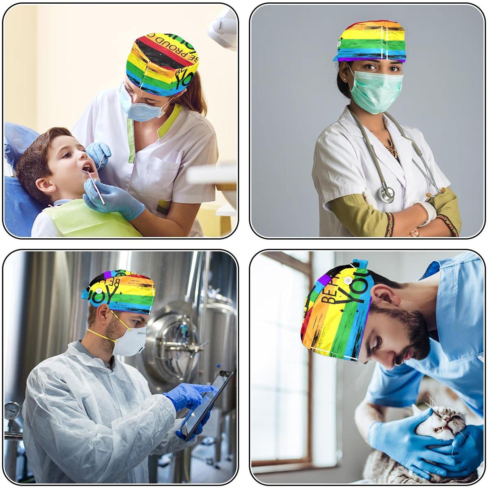 lixiaoyuzz Colorful Rainbow Pride Adjustable Working Caps For Men Women Scrub Hat With Sweatband And Button