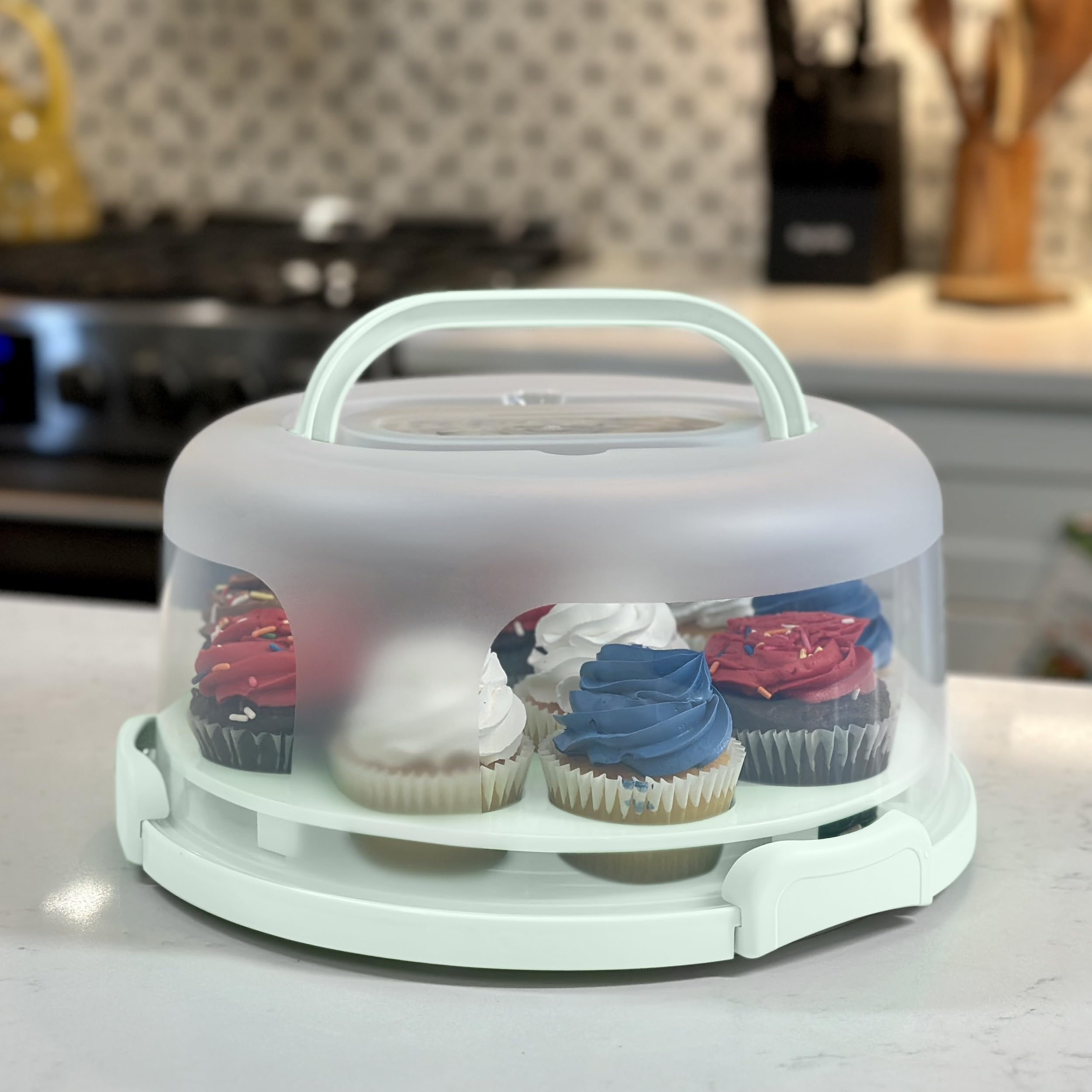 Kivi Cake Carrier with Lid and Handle – Practical Cake Holder with Lid and Sturdy Clamps – Multipurpose Cake Container 10 Inch - Cupcake Carrier fits 11 Cupcakes - Dishwasher Safe