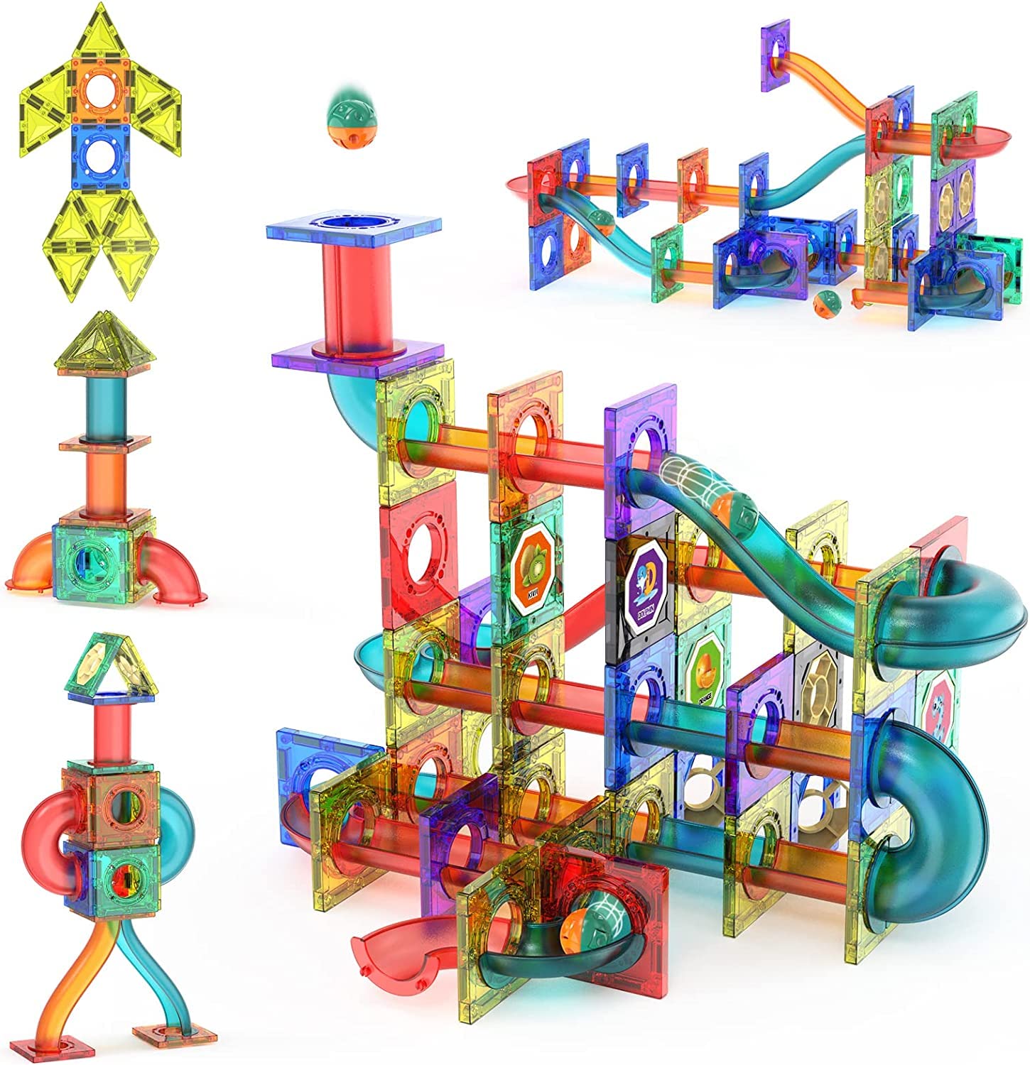 Nuseiis Magnetic Tiles, 132 PCS Marble Run, Magnetic Balls Marble Run Building Blocks for Kids, 3D Stem Learning Education Toys for Age 3 4 5 6 7 8+ Years Old