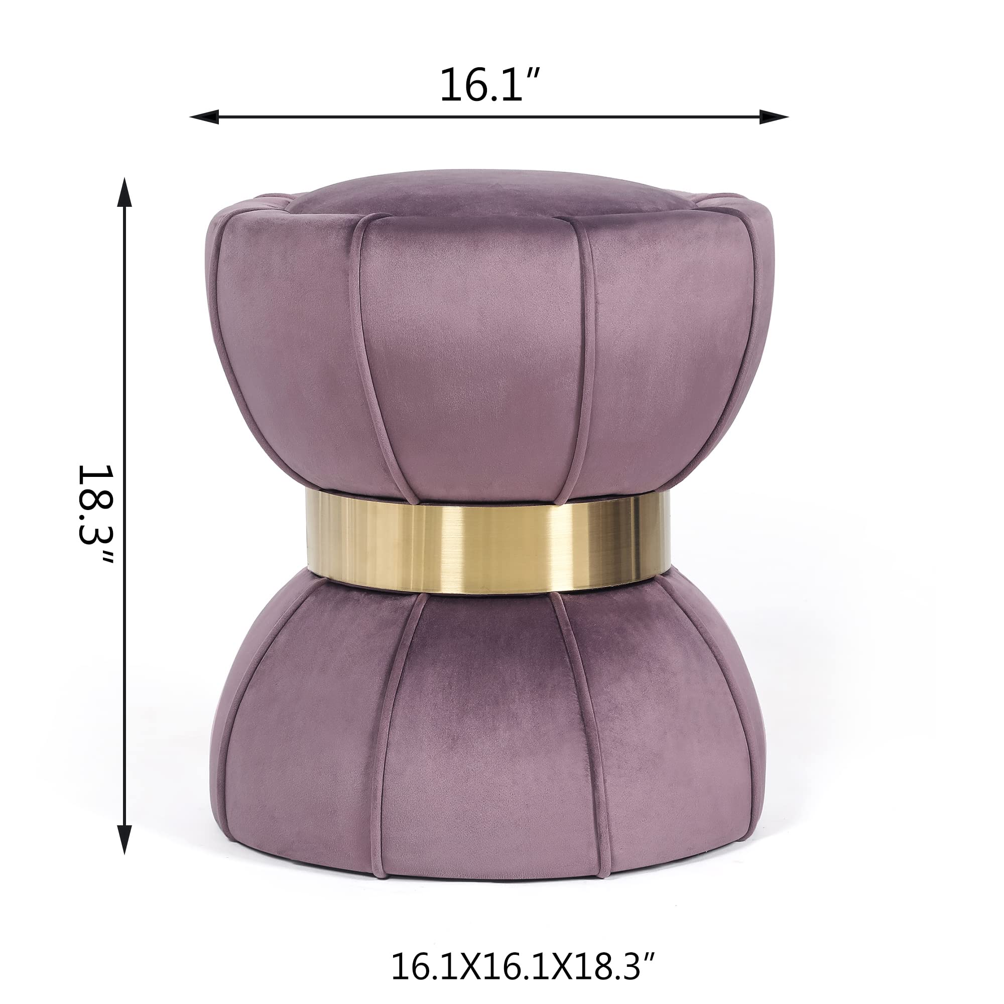 Joveco Round Velvet Ottoman, Upholstered Vanity Stool Footrest Footstool Side Table Seat with Metal Band for Makeup Room Living Room Bedroom (Purple)