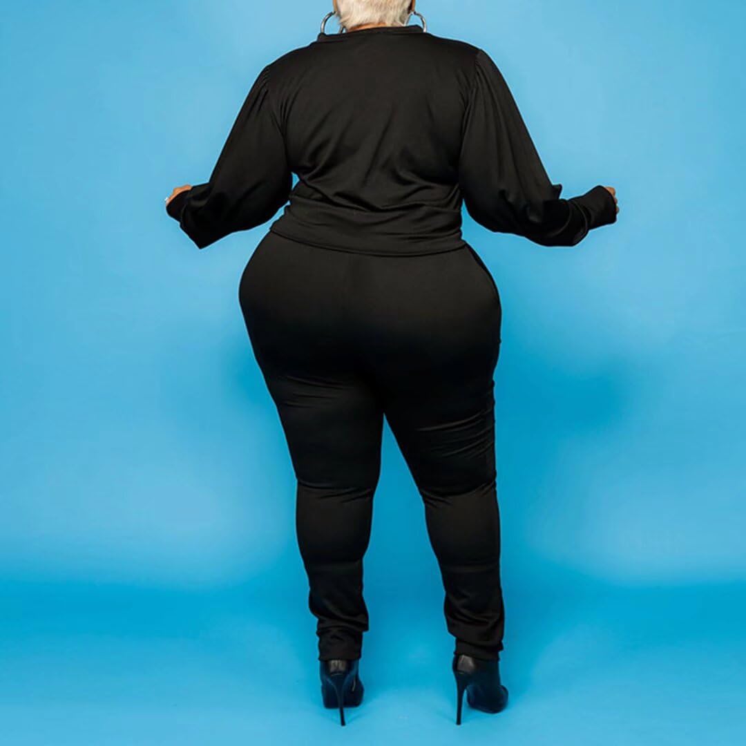 IyMoo Women Plus Size Solid 2 Piece Outfits Crew Neck Top and High Waist Pants Sport Jumpsuits Sweatsuit Set Black 3X