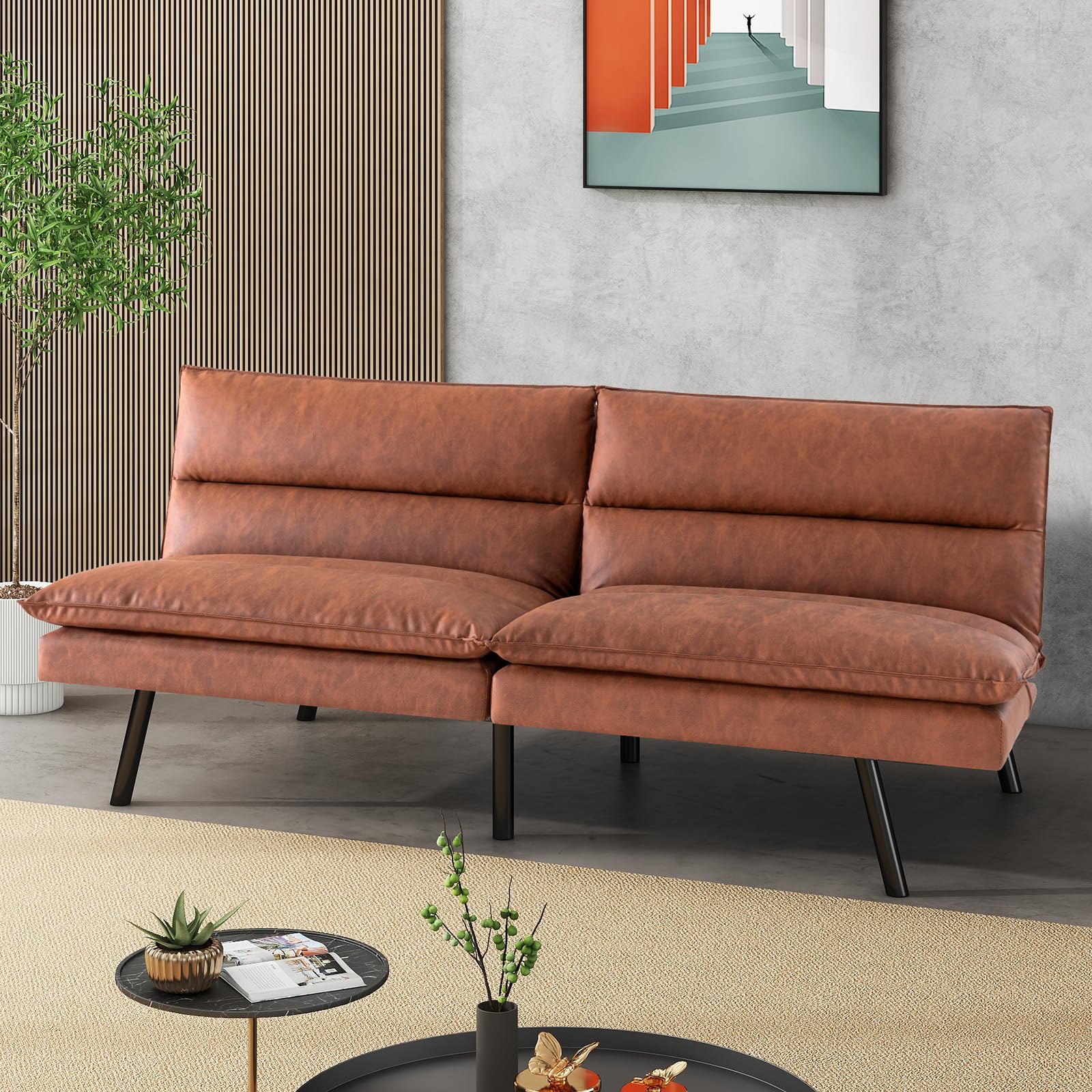 IULULU Futon Sofa Bed Leather Couch with Memory Foam, Modern Convertible Armless Sleeper Daybed for Studio, Apartment, Office, Small Space, Compact Living Room, Caramel