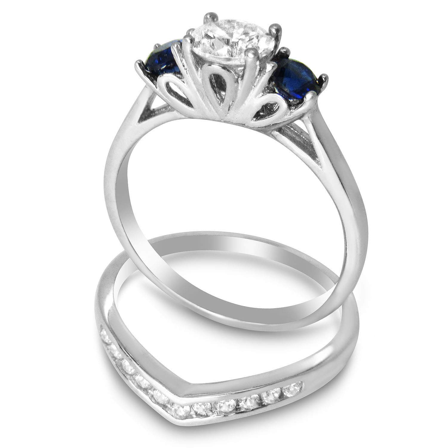 LaRaso & Co Sterling Silver Simulated Sapphire His Her Matching Couple Three Rings Bridal Engagement Ring Wedding Bands Set