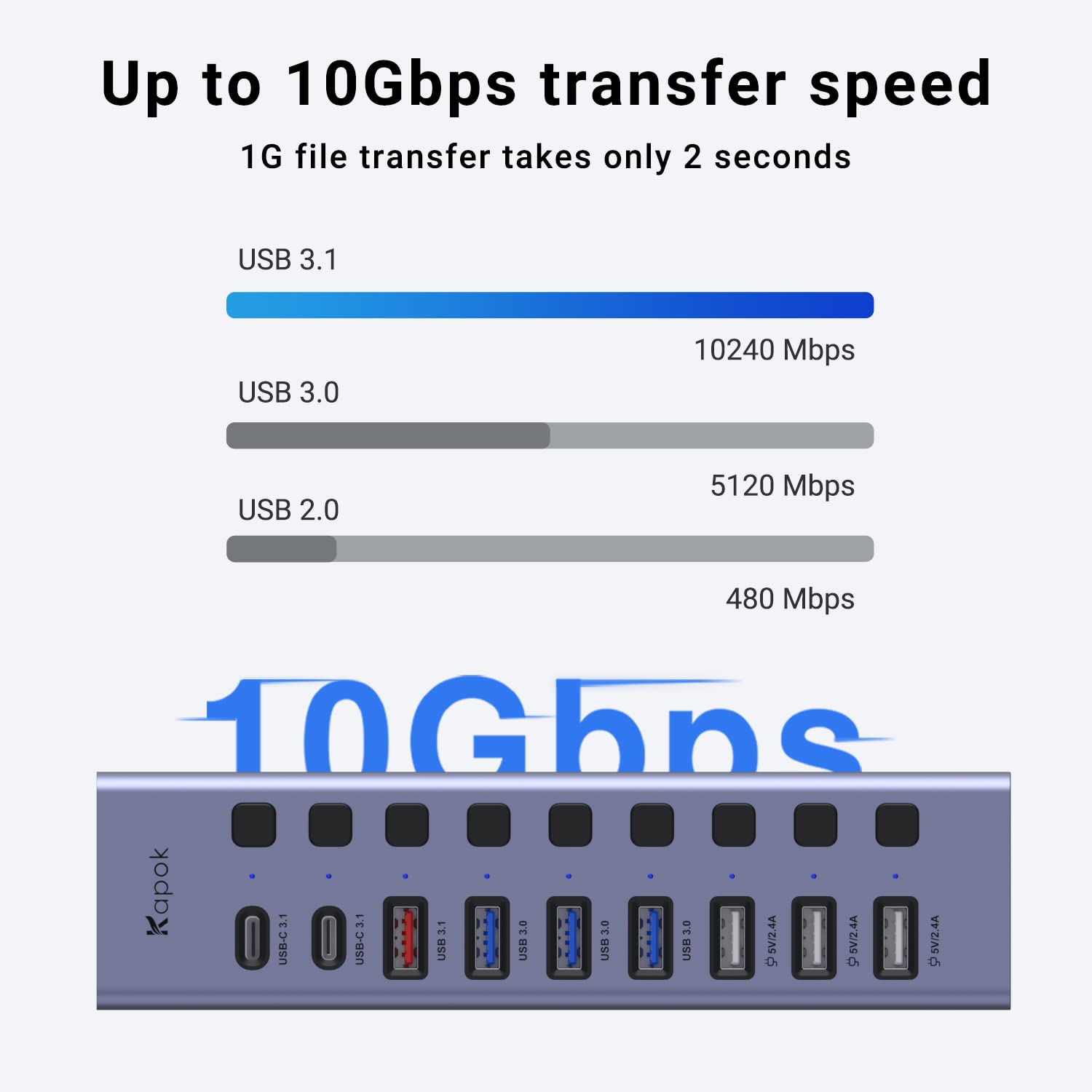 Powered USB C Hub/USB Hub 3.1, 10-Port 60W Aluminum USB Splitter with Ethernet Port, 2 USB C 3.1, 3 USB A Charging Ports, USB A 3.1, 3 USB A 3.0, Power Switches, 16inch Cable AC Adapter for Laptops,PC