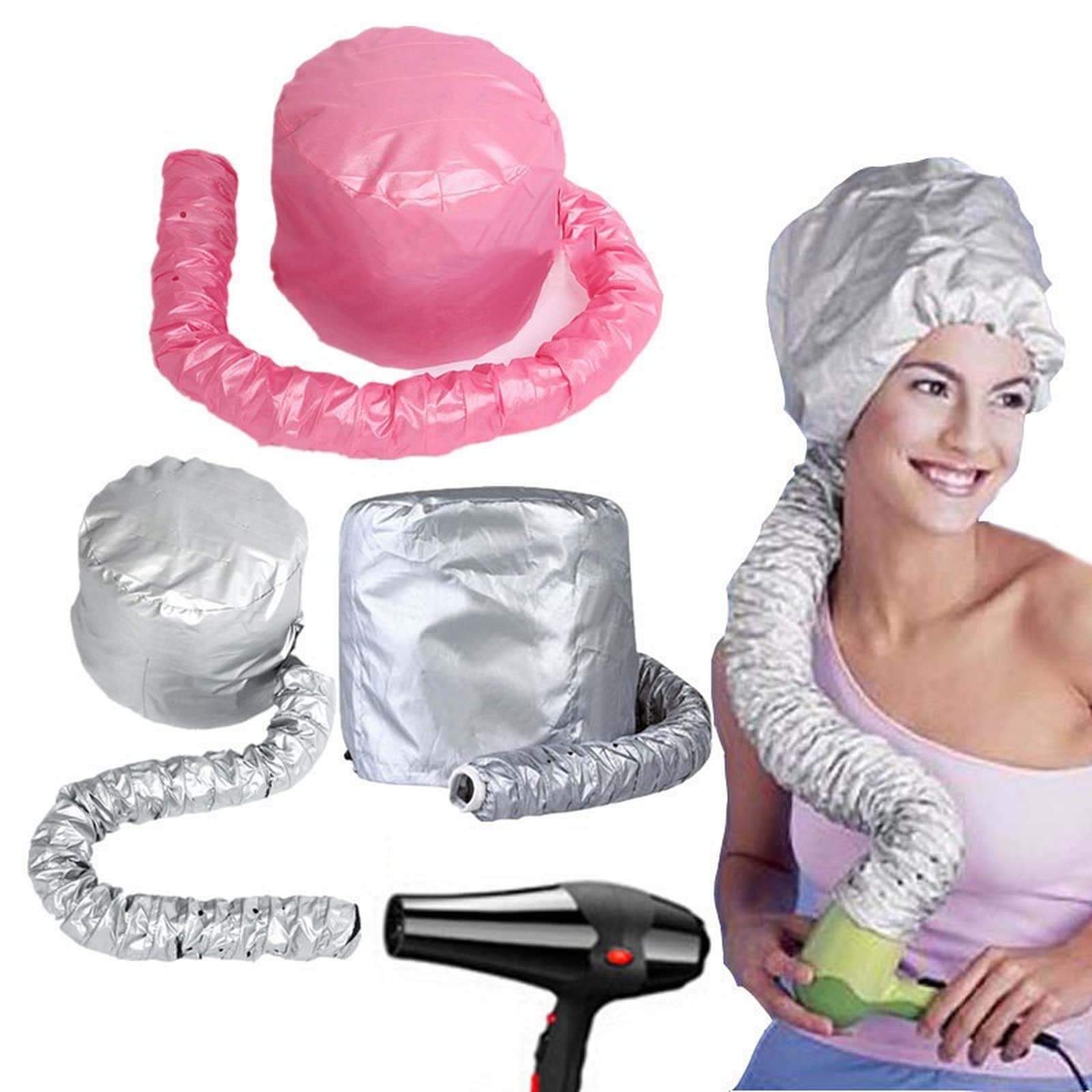 Portable Soft Hair Drying Cap Bonnet Hood Hat Womens Blow Dryer Home Dry Hair Cap Hairdressing Salon Supply Adjustable Accessory (Silver)
