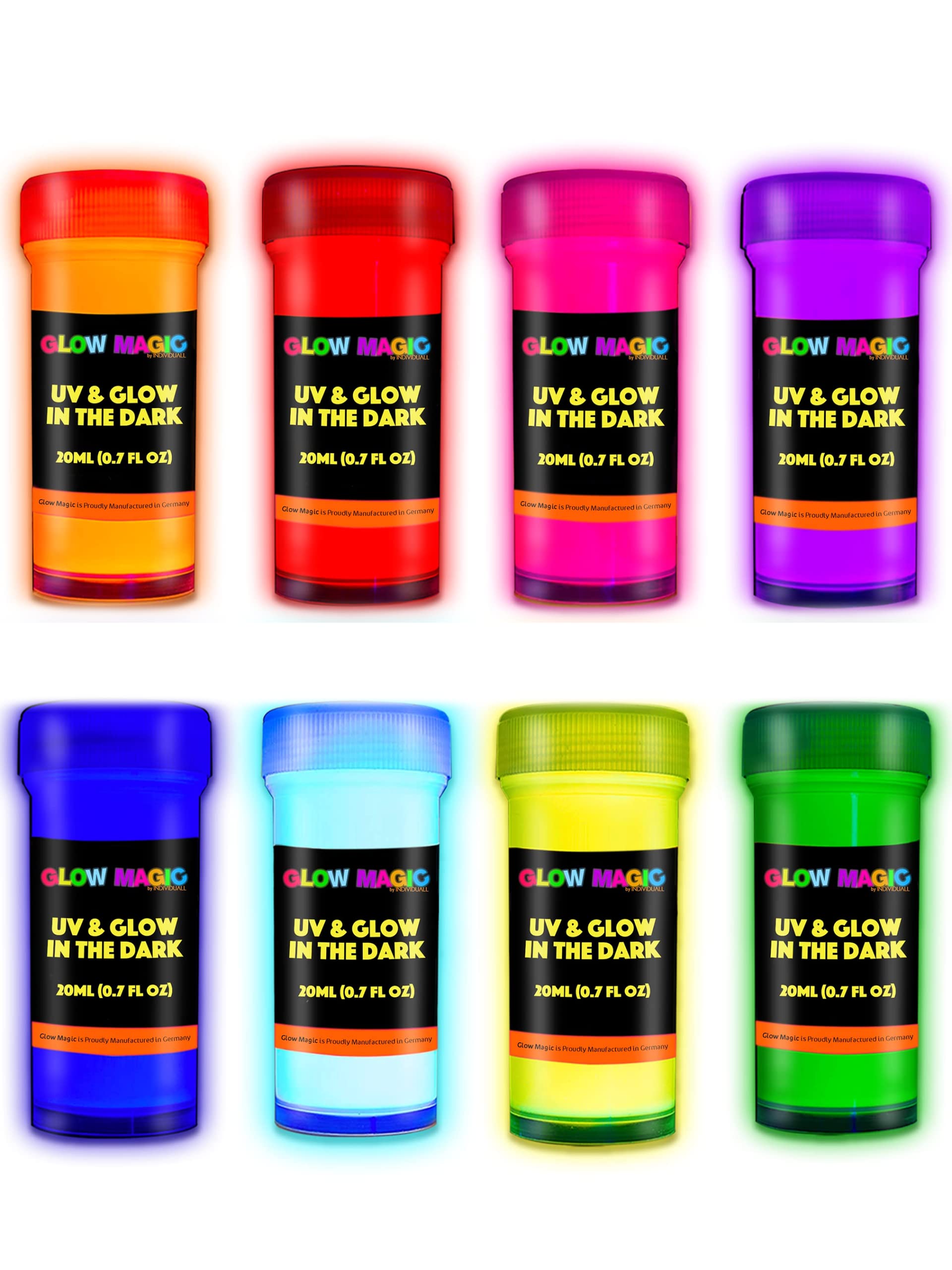 individuall Glow in The Dark Paint - Set of 8, 20 mL Reflective Acrylic Paints for Outdoor and Indoor Use on Canvas, Walls and Ornament Painting - Phosphorescent, Easter Egg Painting Decoration