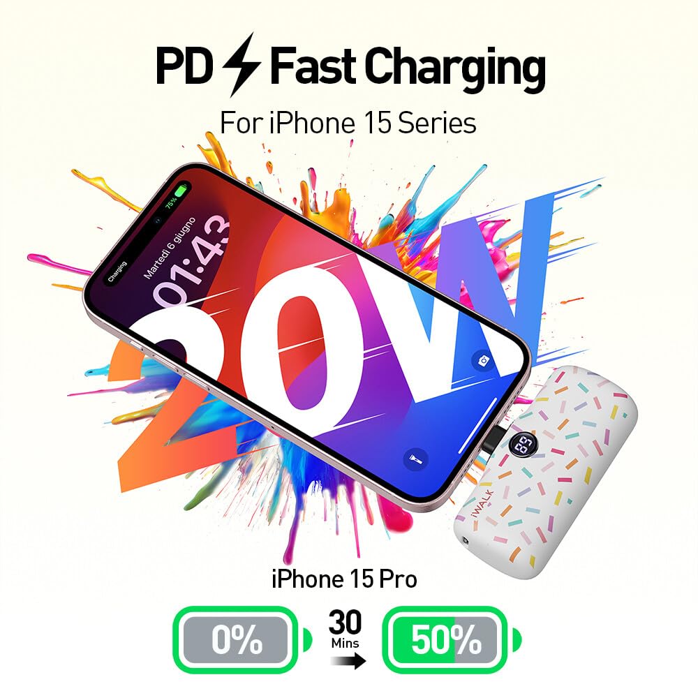 iWALK USB-C Portable Charger with Colorful Pattern, 20W PD Fast Charging 4800mAh Small Power Bank with LED Display, Compatible with iPhone 15/15 Plus/15 Pro/15 Pro Max, iPad, Airpods, White