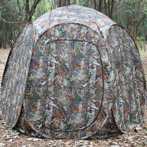 HUNT MONSTER Hunting Blind 1-3 Person,300 Degree See Through Pop up Ground Blinds for Deer Turkey Duck Hunting, Bow Hunting Accessories, Double Side Zipper Window (Camo-Light Brown)