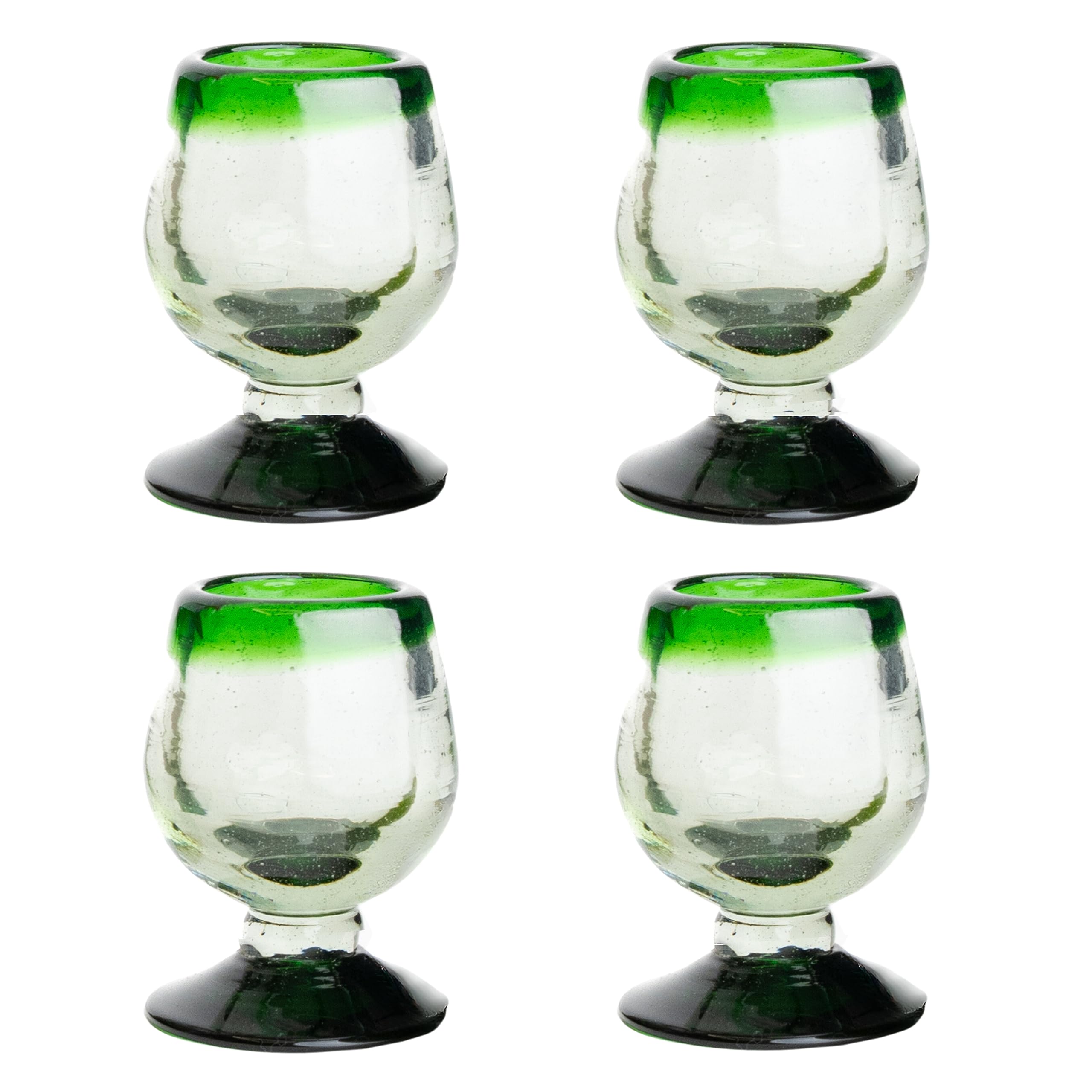 MEXTEQUIL - Authentic Mexican Tequila Hand Blown Shot Glasses - Set of 4-2 oz - Mini Glass Snifters - Heavy Base - Cognac (Green Rim)