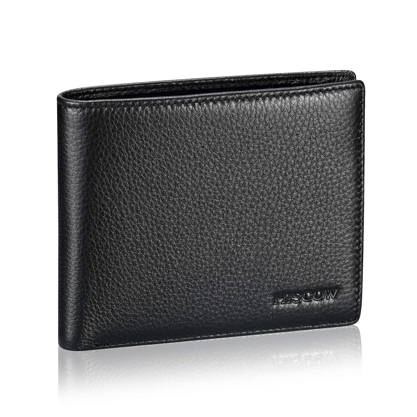 HISCOW Full Grain Leather Bifold Wallets for Men, Slim Minimalist Mens Wallet, Gifts for Dad Birthday Fathers Day (Pebbled Black)