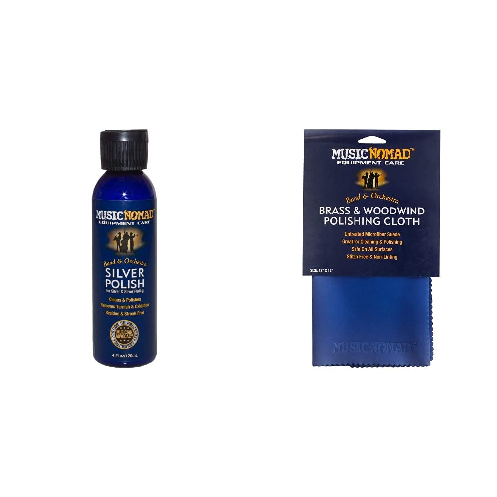 MusicNomad Silver Polish for Silver & Silver-Plated Instruments, 4 oz (MN701) & Brass & Woodwind Premium Microfiber Polishing Cloth (MN730)
