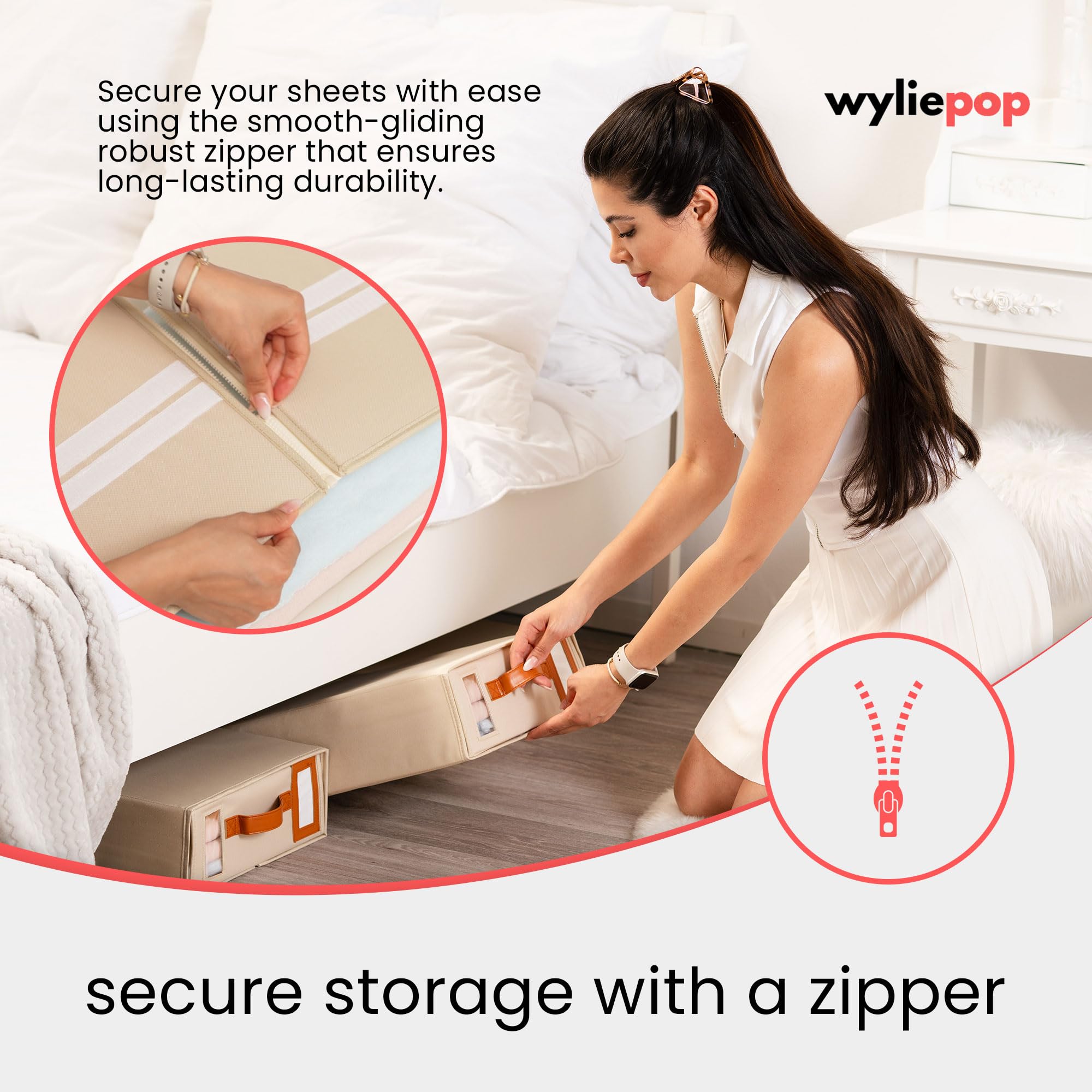 Wyliepop 4-Pack Bed Sheet Organizers, Premium Bedsheet Organizers and Storage with Leather Handles & Borders, Woven Oxford Fabric, Heavy Duty Zipper - 14.9"x12.6"x4.7" Linen Bedsheet Organizer Boxes