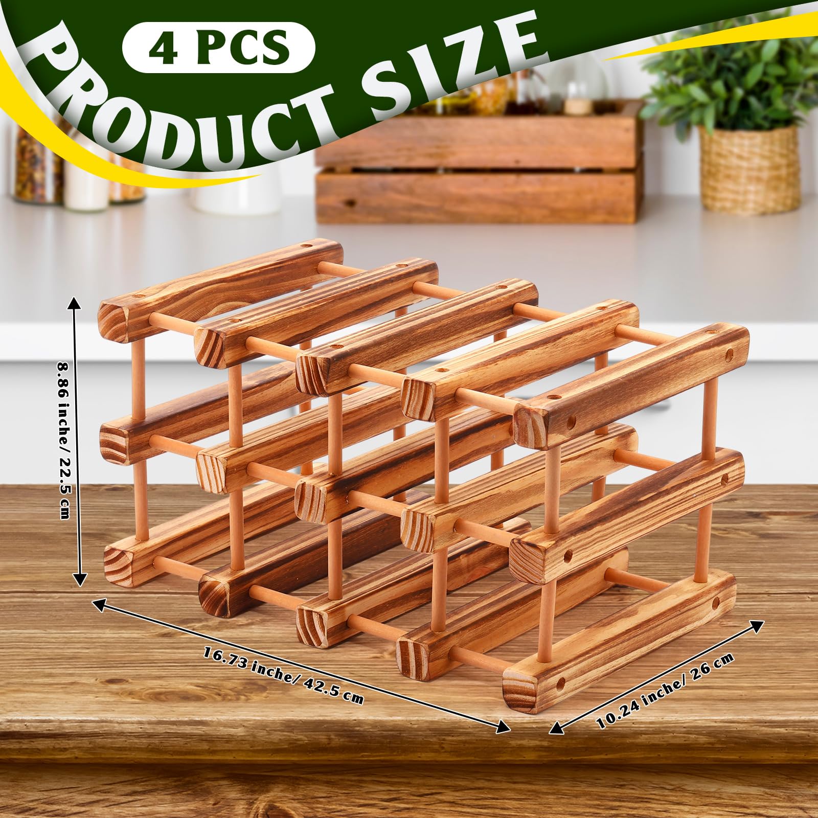 Kigley 4 Packs 48 Bottles Wine Racks Wood Stackable Modular Wine Holder Freestanding Modular Wine Bottle Storage Display Shelf Wood Wine Bottle Holder for Kitchen Bar Pantry Cellar (Brown)