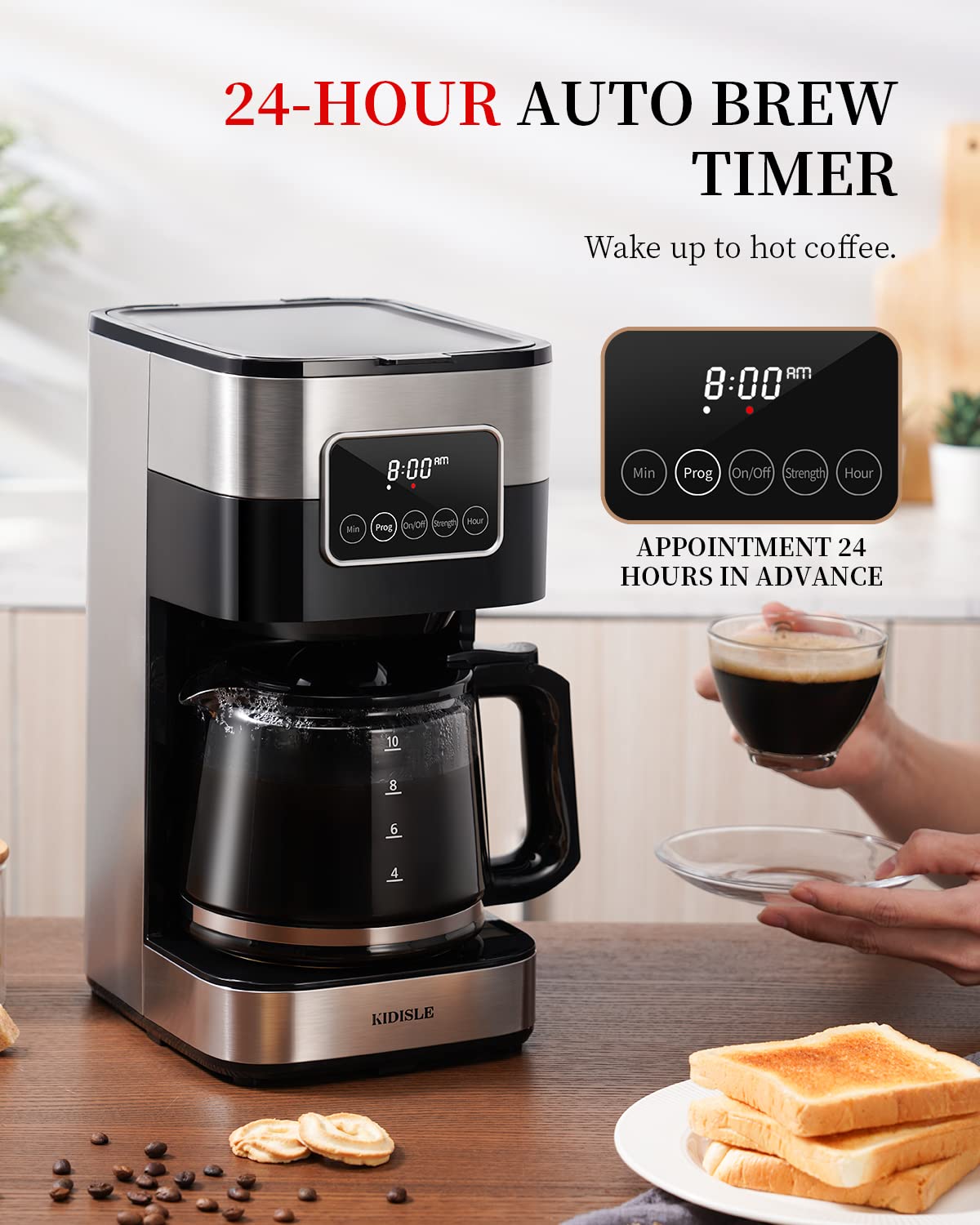 KIDISLE Programmable Drip Coffee Maker with Regular & Strong Brew, Warming Plate, 10 Cup Small Coffee Machine with Touch Screen, Glass Carafe and Reusable Filter for Home and Office, Stainless Steel