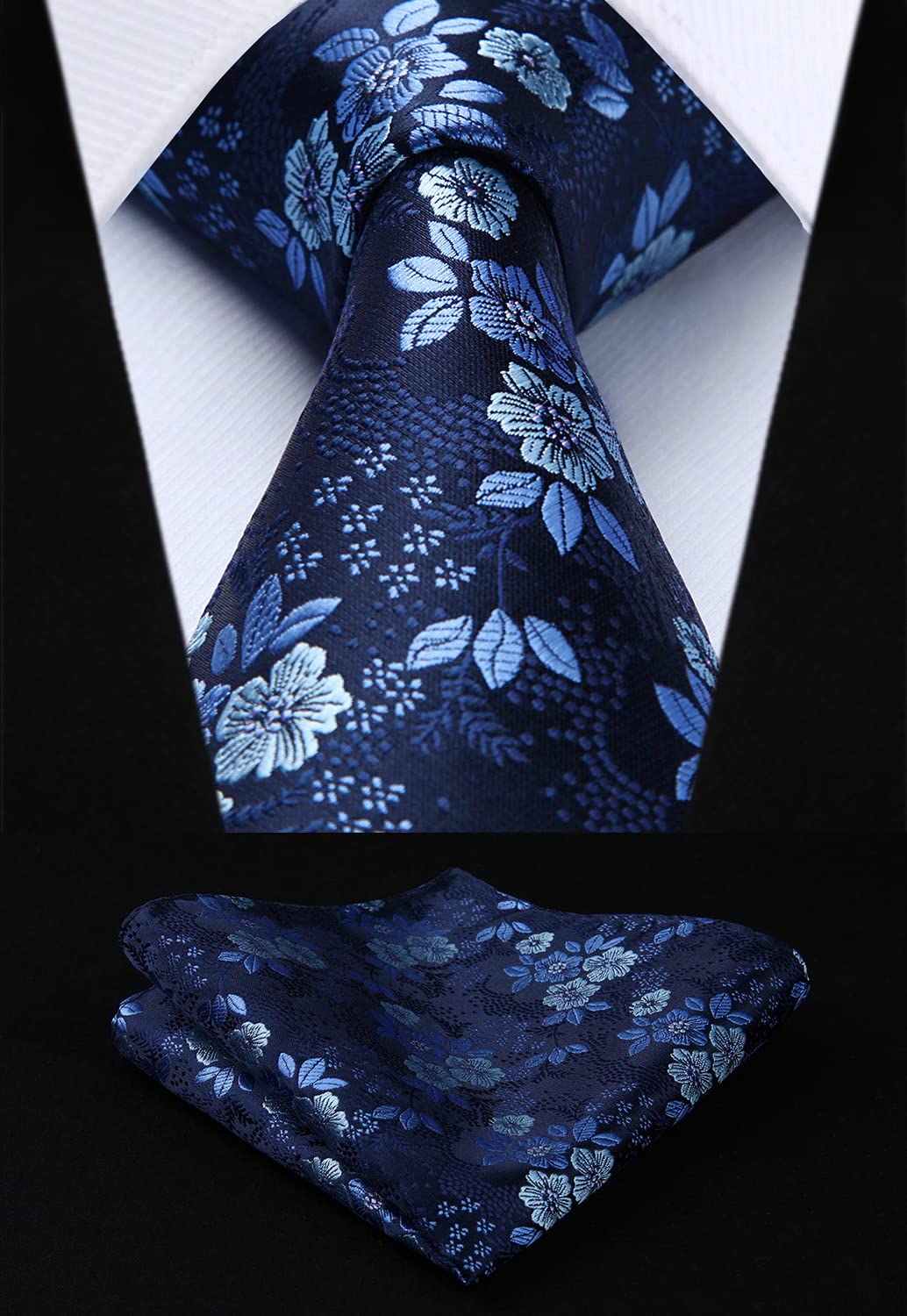 HISDERN Men's Floral Tie Handkerchief Jacquard Woven Classic Men's Necktie & Pocket Square Set,Navy Blue,8.5cm / 3.4 inches in Width