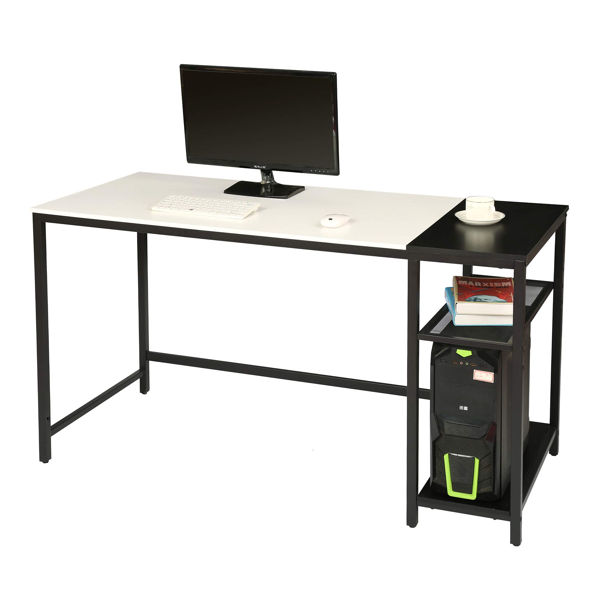 JEROAL 55 Inch Computer Desk with Shelves, Large Wooden Desk with 2 Storage Shelves, Industrial Study Writing Table for Home, Office and Study Room, White and Black Desktop with Black Metal Base
