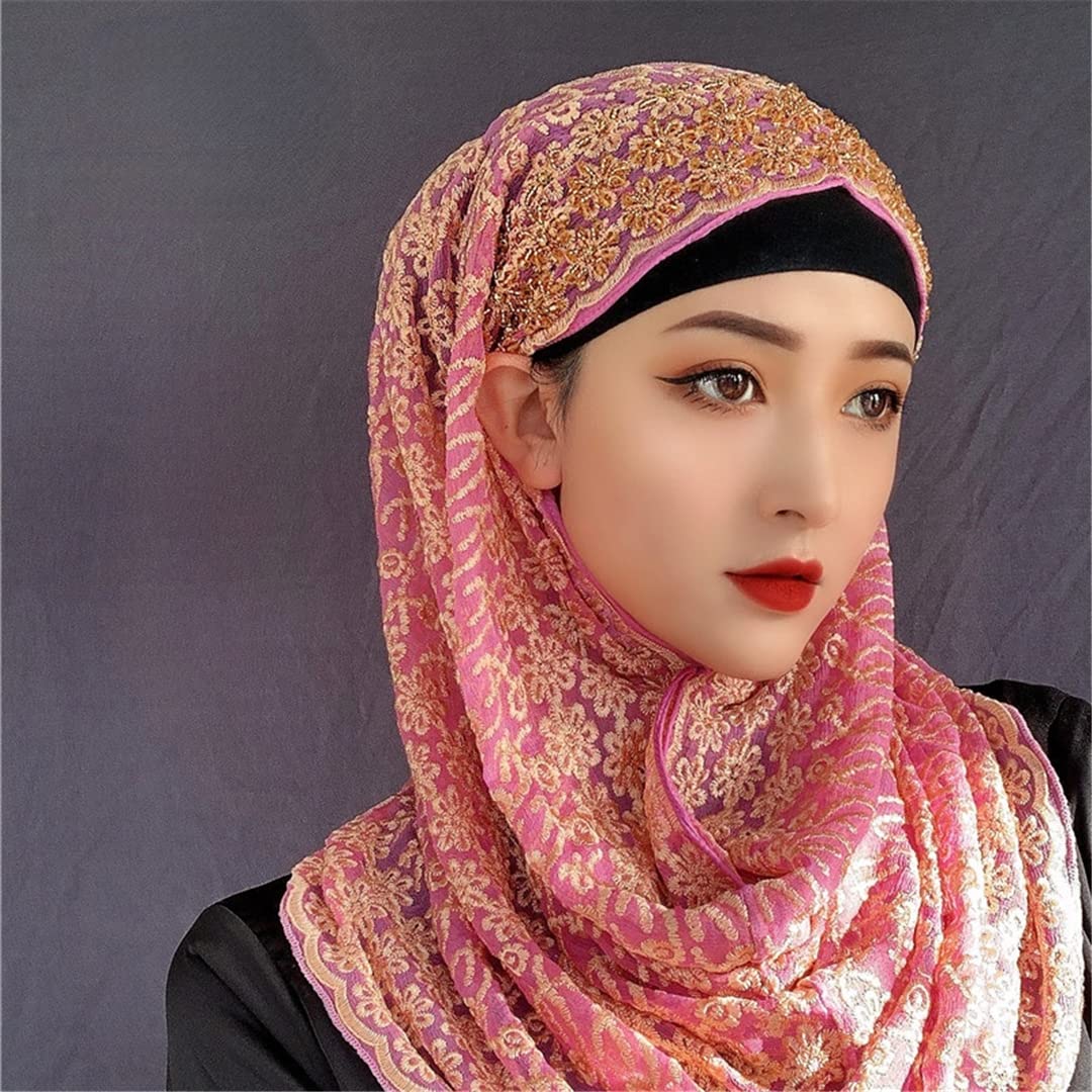Muslim Luxury Silk Hijabs Embroidery Head Scarf Concealed Buckle Headscarf Diamond Head Wrap Arab Pink
