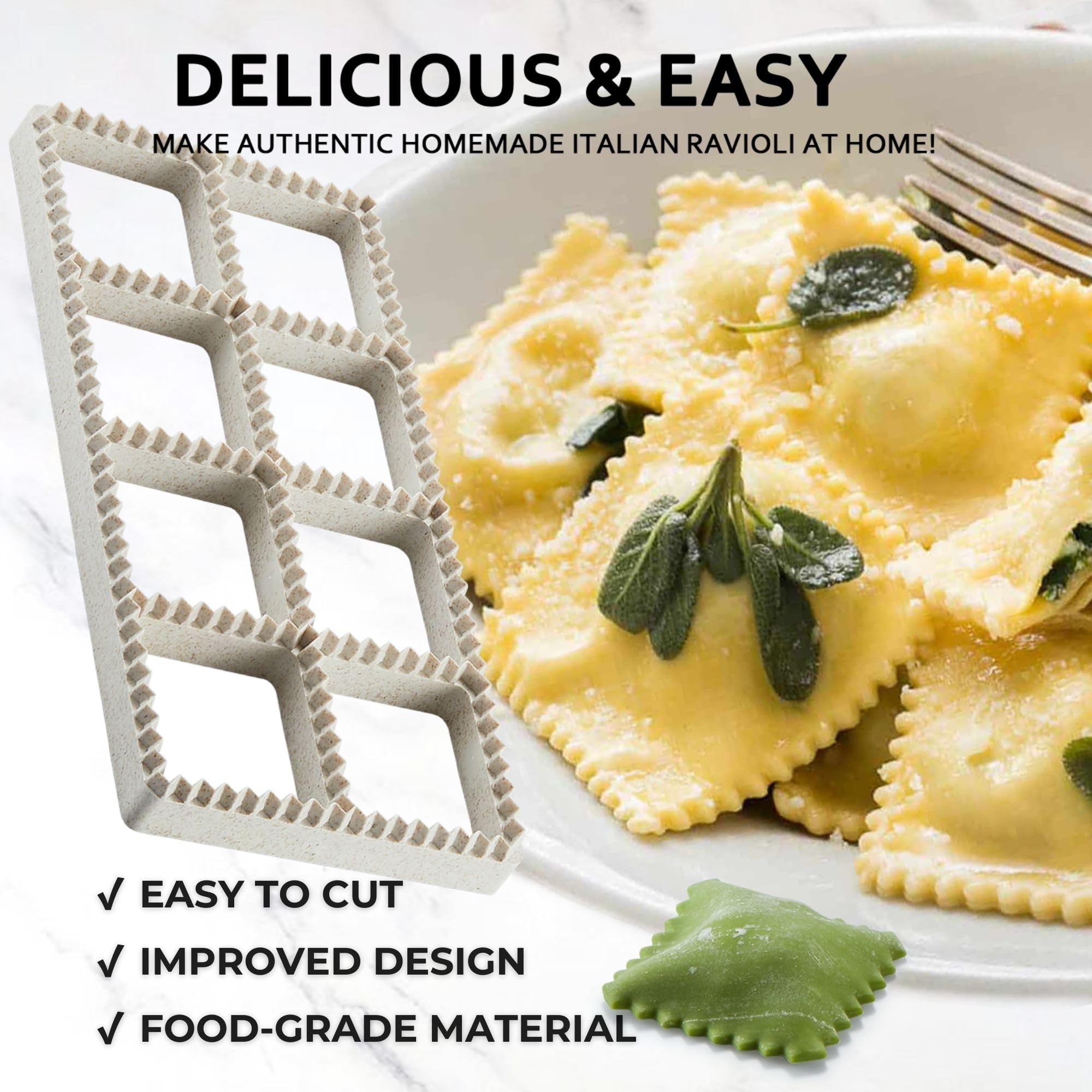 MUMSUNG Ravioli Maker Press, Ravioli Press Mold Set - 1.85" Squares Ravioli Stamp Maker Cutter with Wood Rolling Pin, 2.6" Empanada Maker Press Kit and Ravioli Wheel, Makes 8 Ravioli
