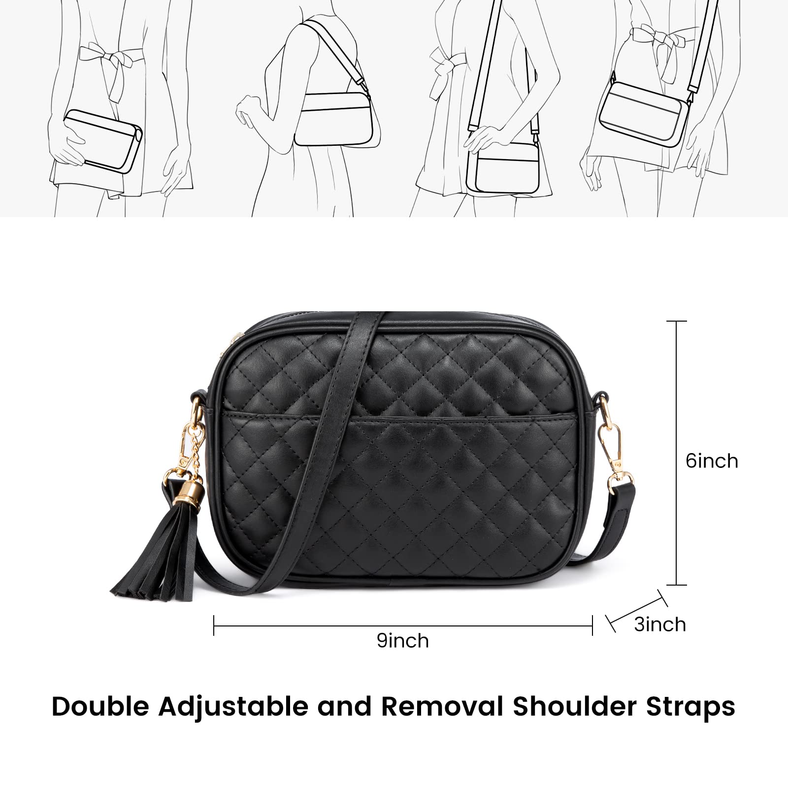 LOVEVOOK Black Quilted Crossbody Purse for Women,Trendy Design Shoulder Purse Ladies Camera Bag Clutch,Double Straps,Black