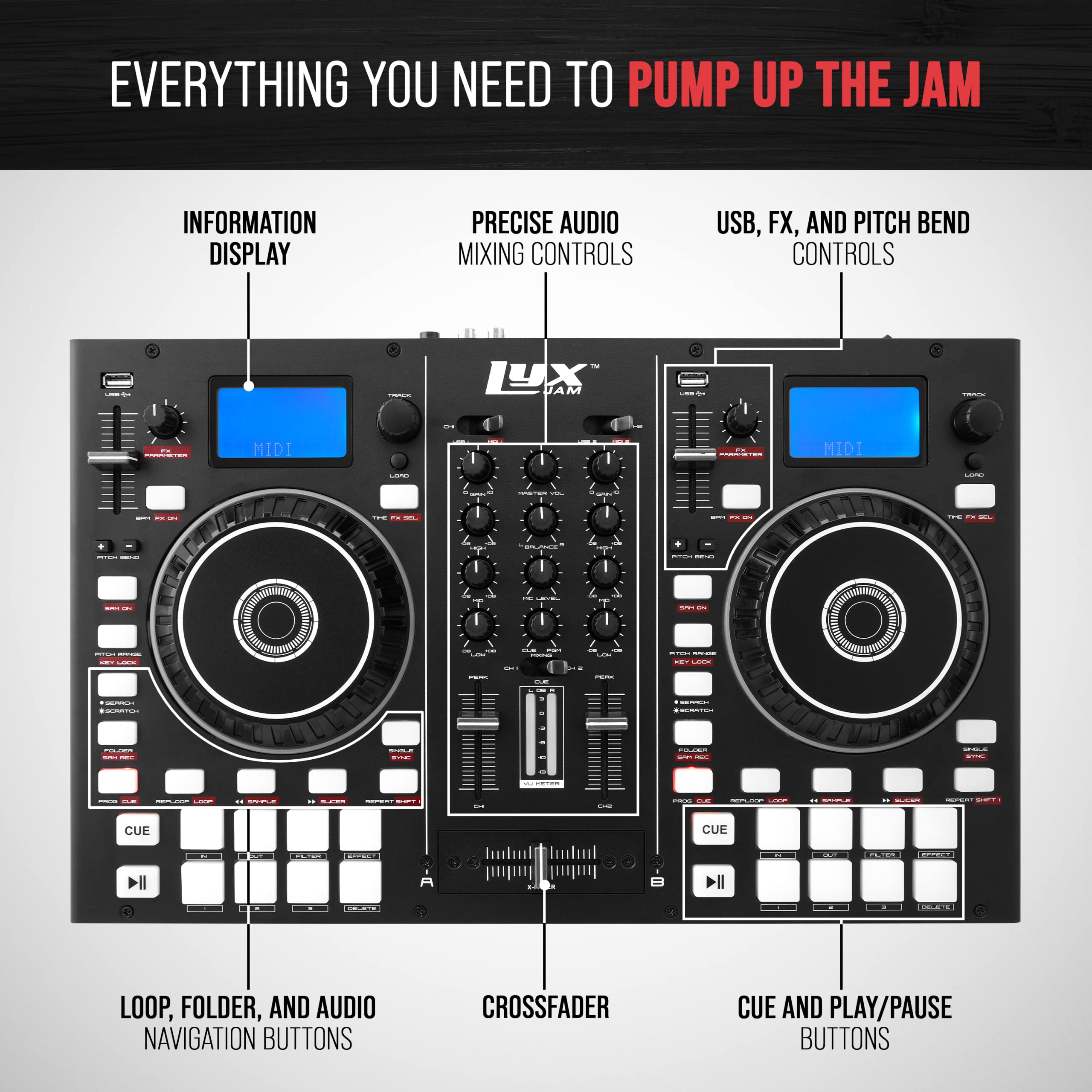 LyxJam 2-Deck Portable DJ Controller Kit Mixing Console with LCD Display | Manual Looping, USB, MIC Input, Record Output, 16 Performance Pads with Virtual DJ LE Software Included (Download)