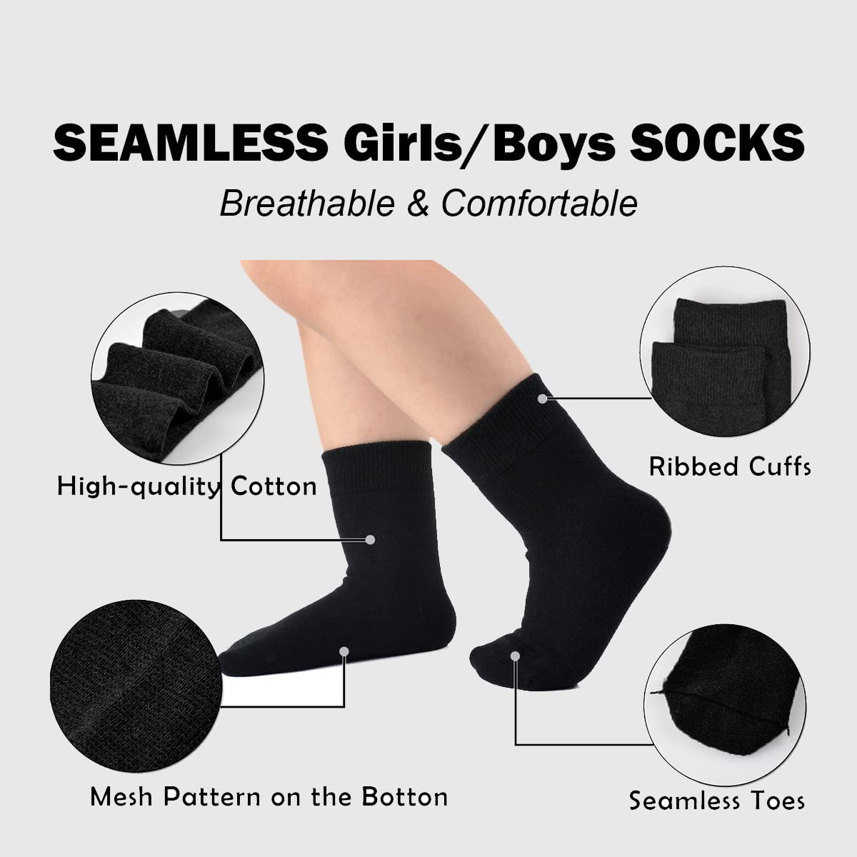 Marchare Girls Crew Socks Seamless Kids Socks Cotton School Socks Navy 6 Pack