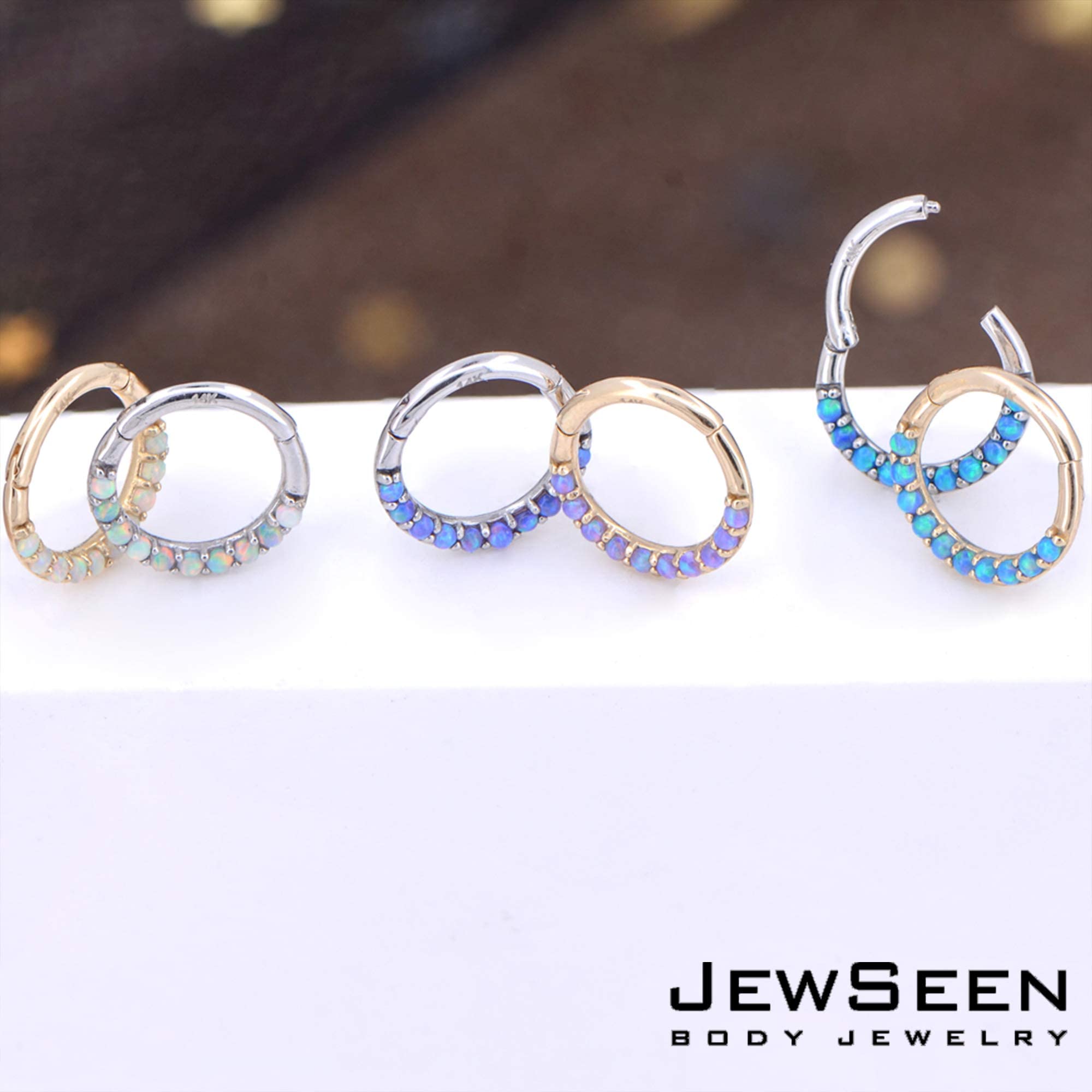 Jewseen 14K Gold Opal Lined Set Hinged Segment Hoop Rings 16g Septum Clicker Nose Rings Daith Trgaus Helix Earring Body Piercing
