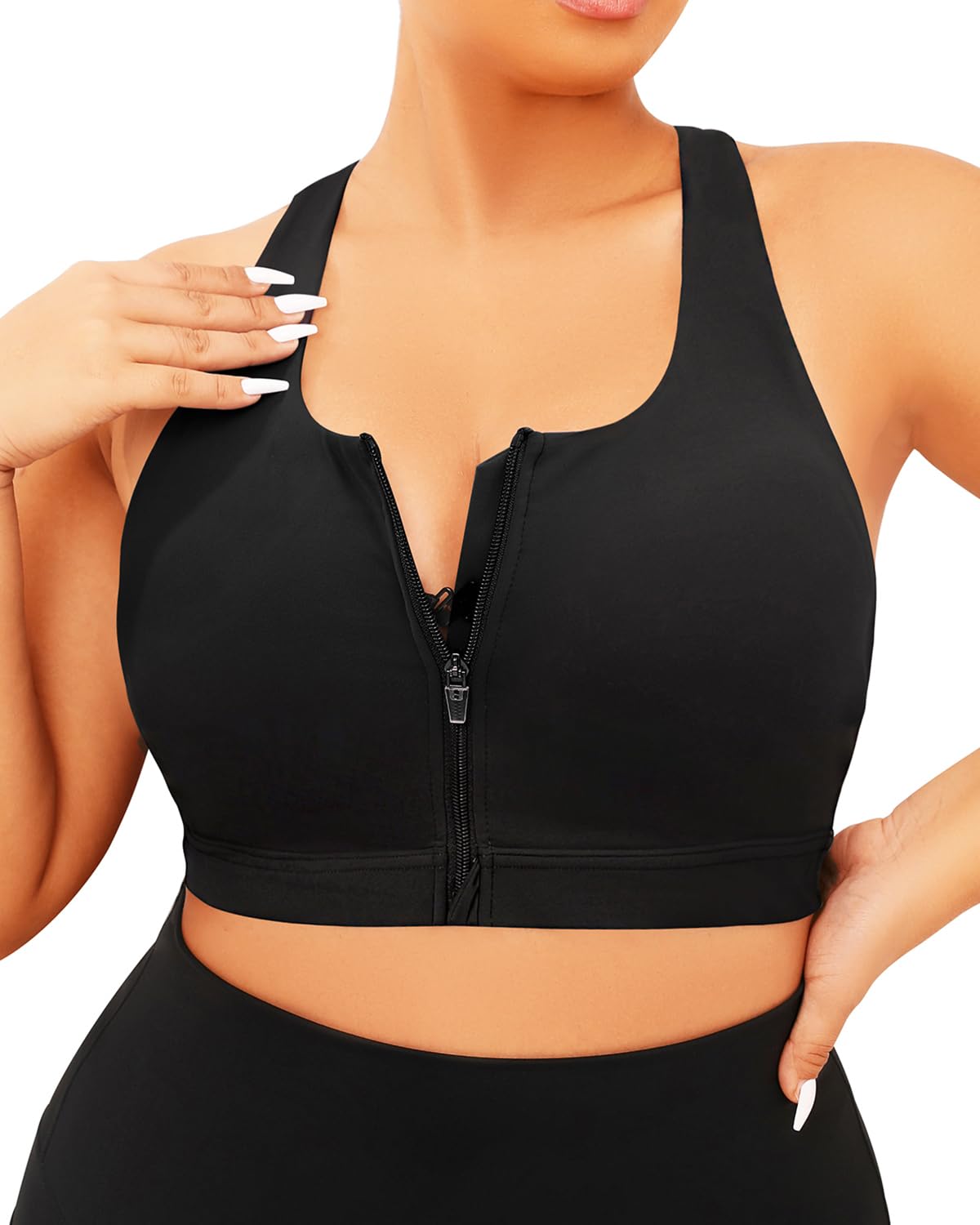 MARINAVIDA Plus Size Zipper Front Sports Bra High Impact Racerback Bras for Women Black Padded Workout Crop Tops 2X/3X/4X/5X
