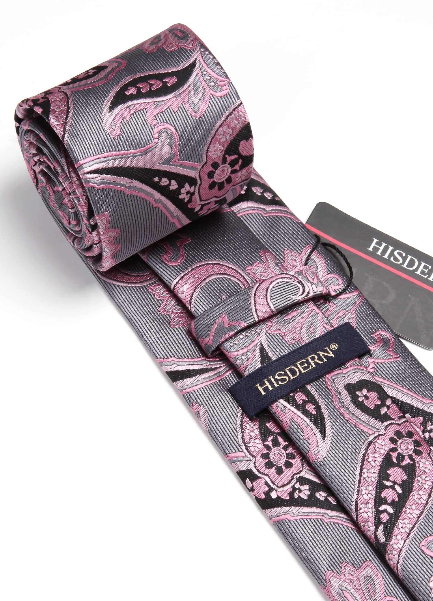 HISDERN Paisley Tie for Men Classic Extra Long Pink Ties and Pocket Square Formal Necktie with Handkerchief for Big and Tall Men Wedding